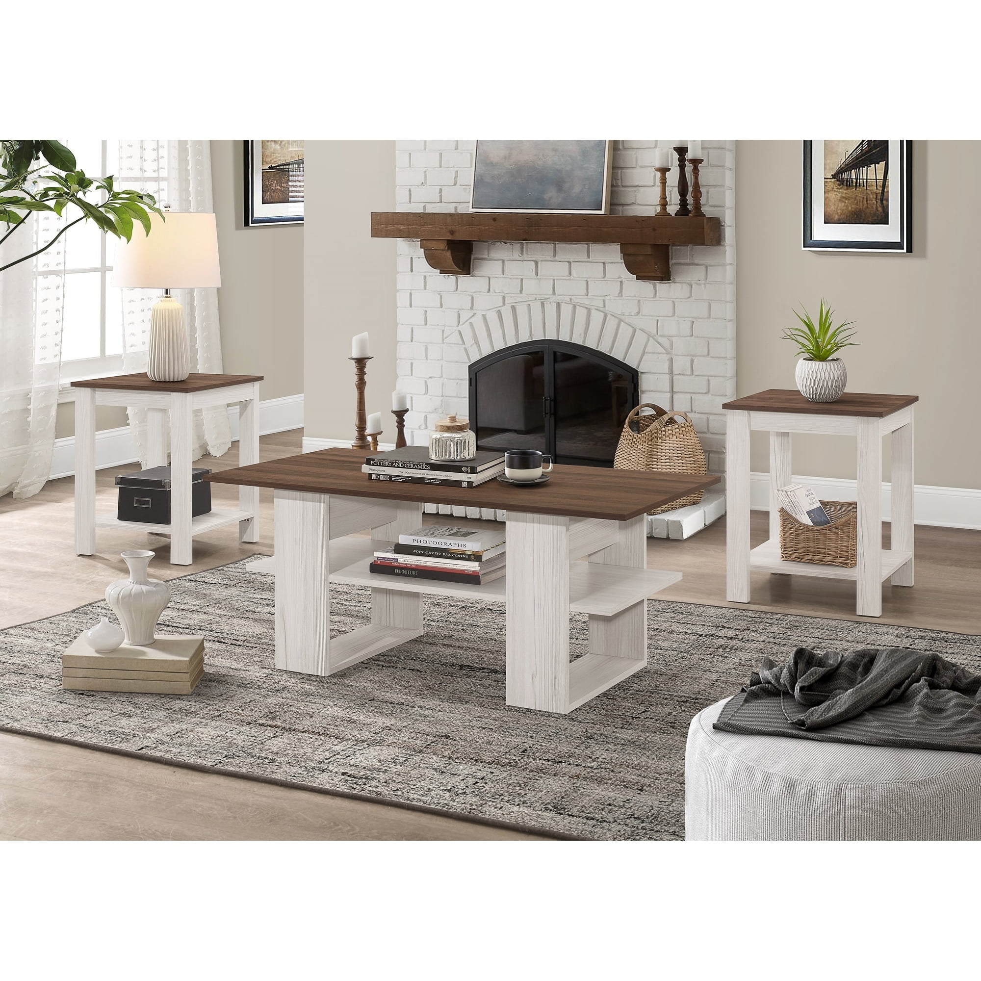 Home Design Beverly 3-Piece Coffee Table Set with 1 Rectangular Coffee Table and 2 Square End ...