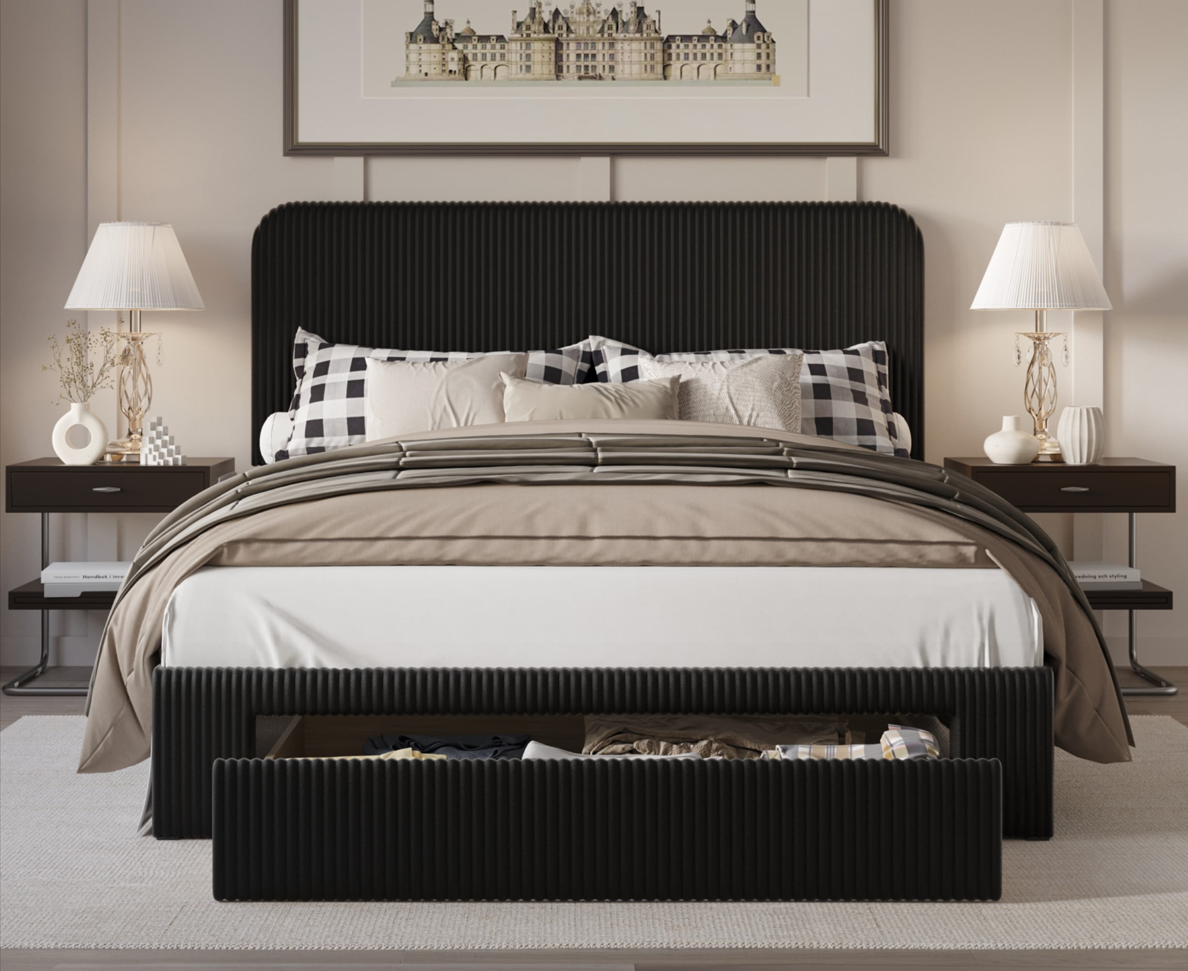 HMD Freya Full Upholstered Storage Panel Bed, Black - Walmart.com