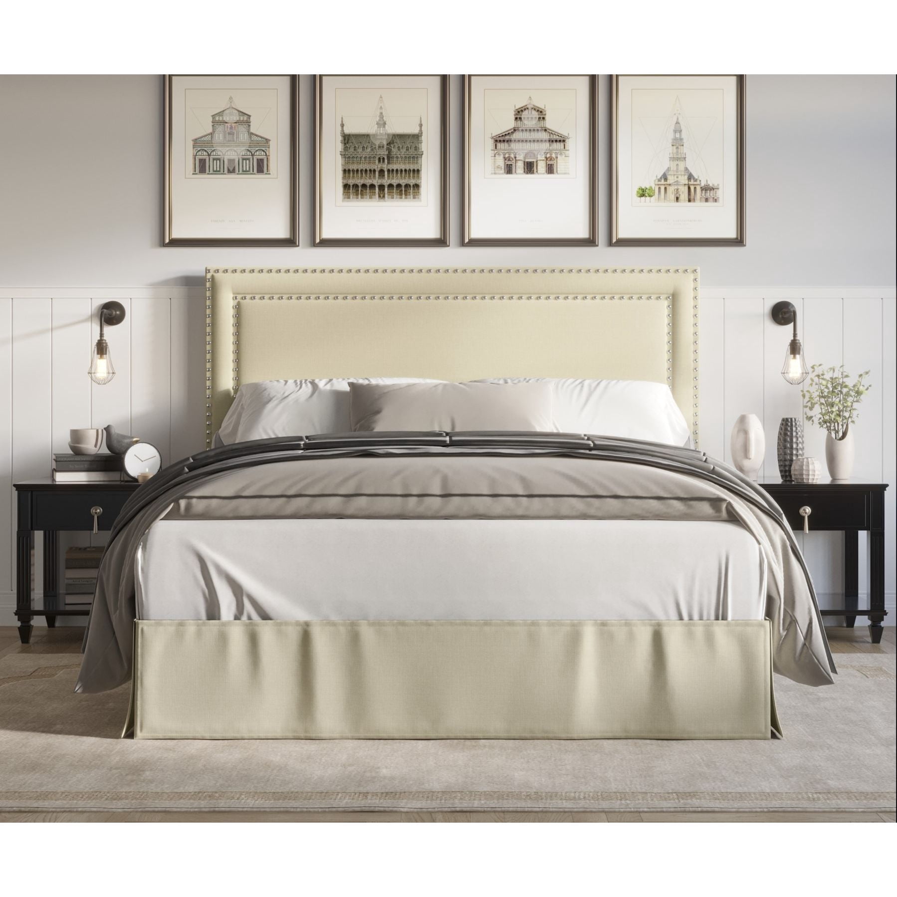 Home Design Keith Full Upholstered Panel Bed Frame with Nailhead Trim ...