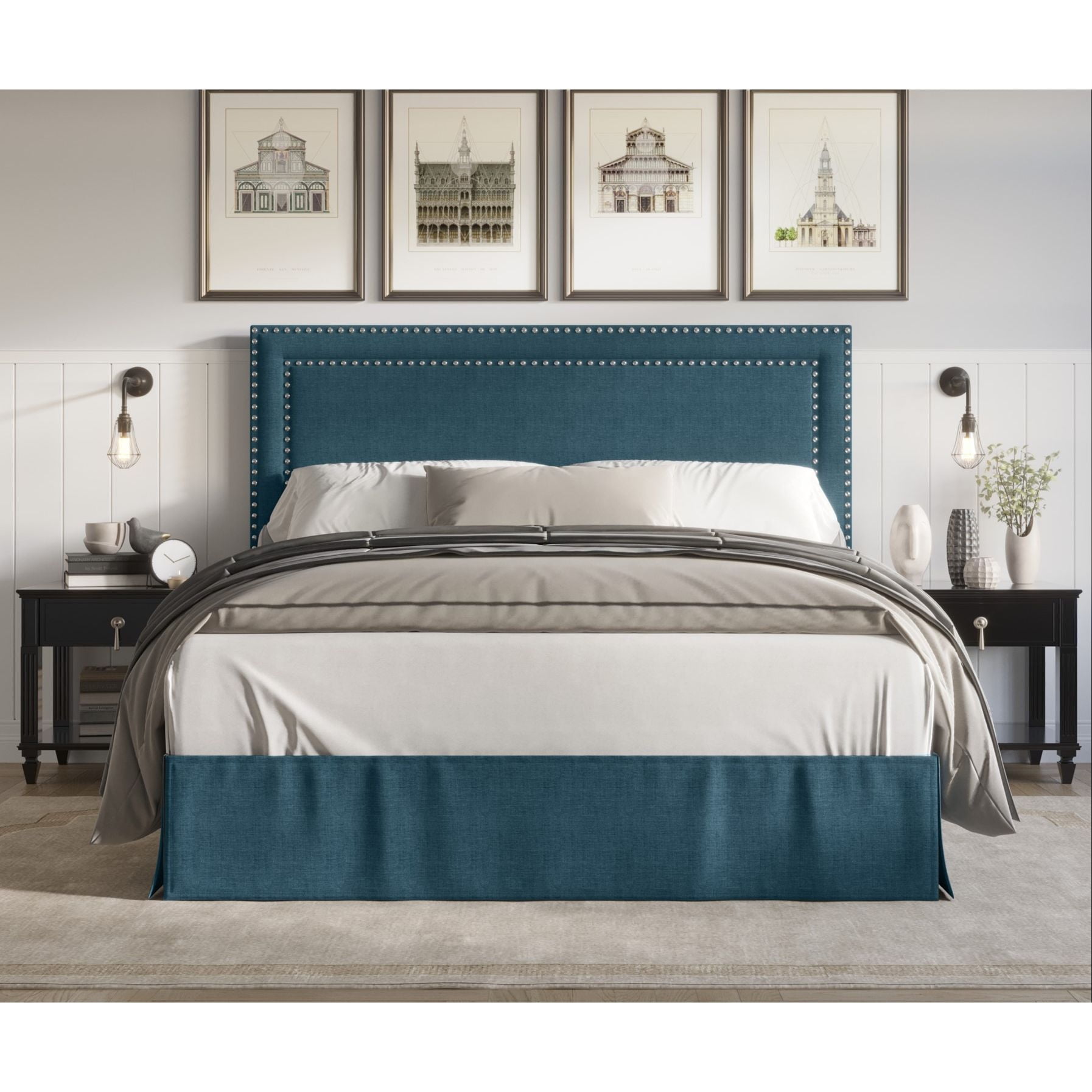 Home Design Keith King Upholstered Panel Bed Frame with Nailhead Trim ...
