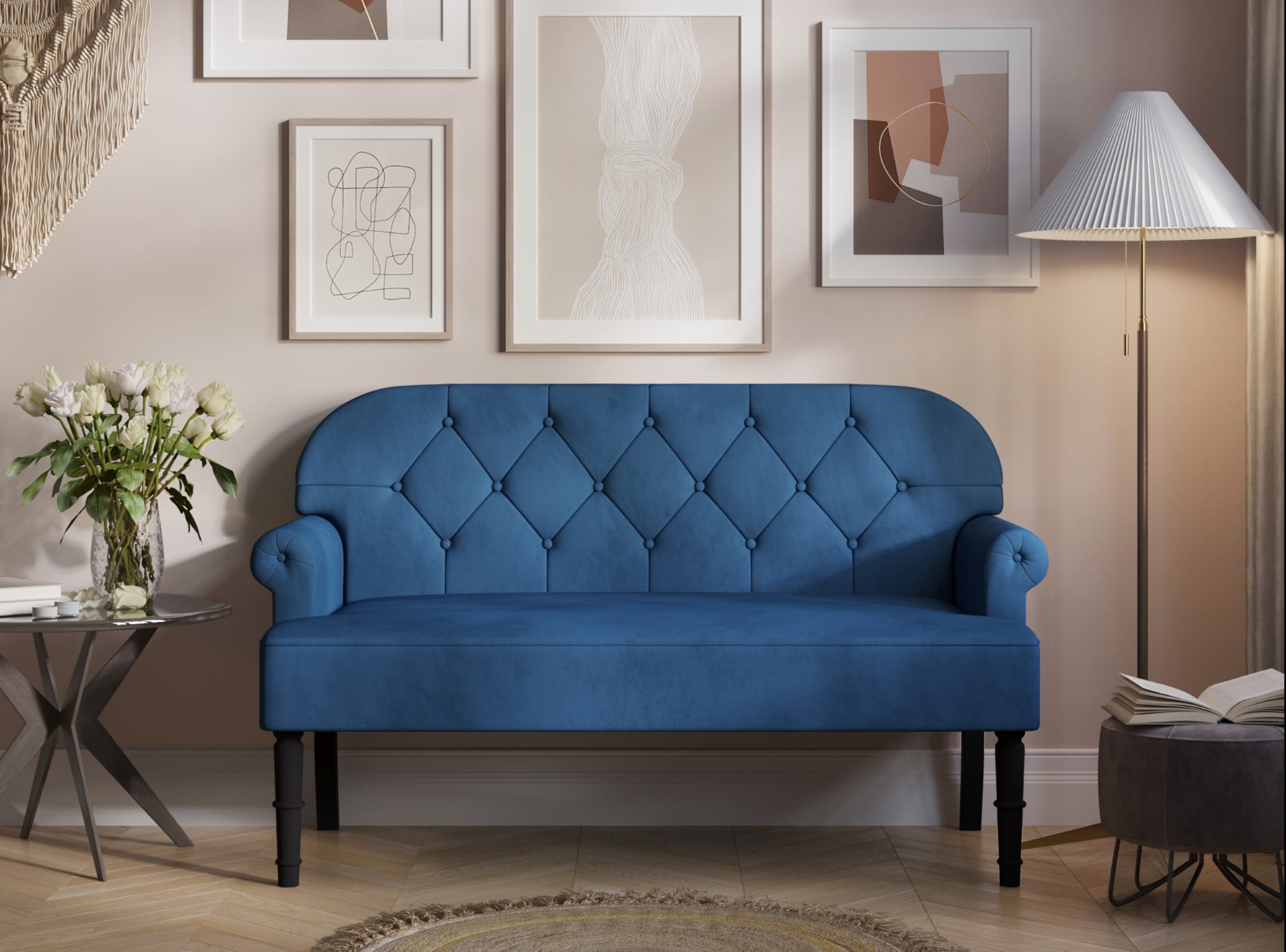 HMD Margherita Rolled Arm Settee, Blue Velvet Upholstered Tufted Back ...