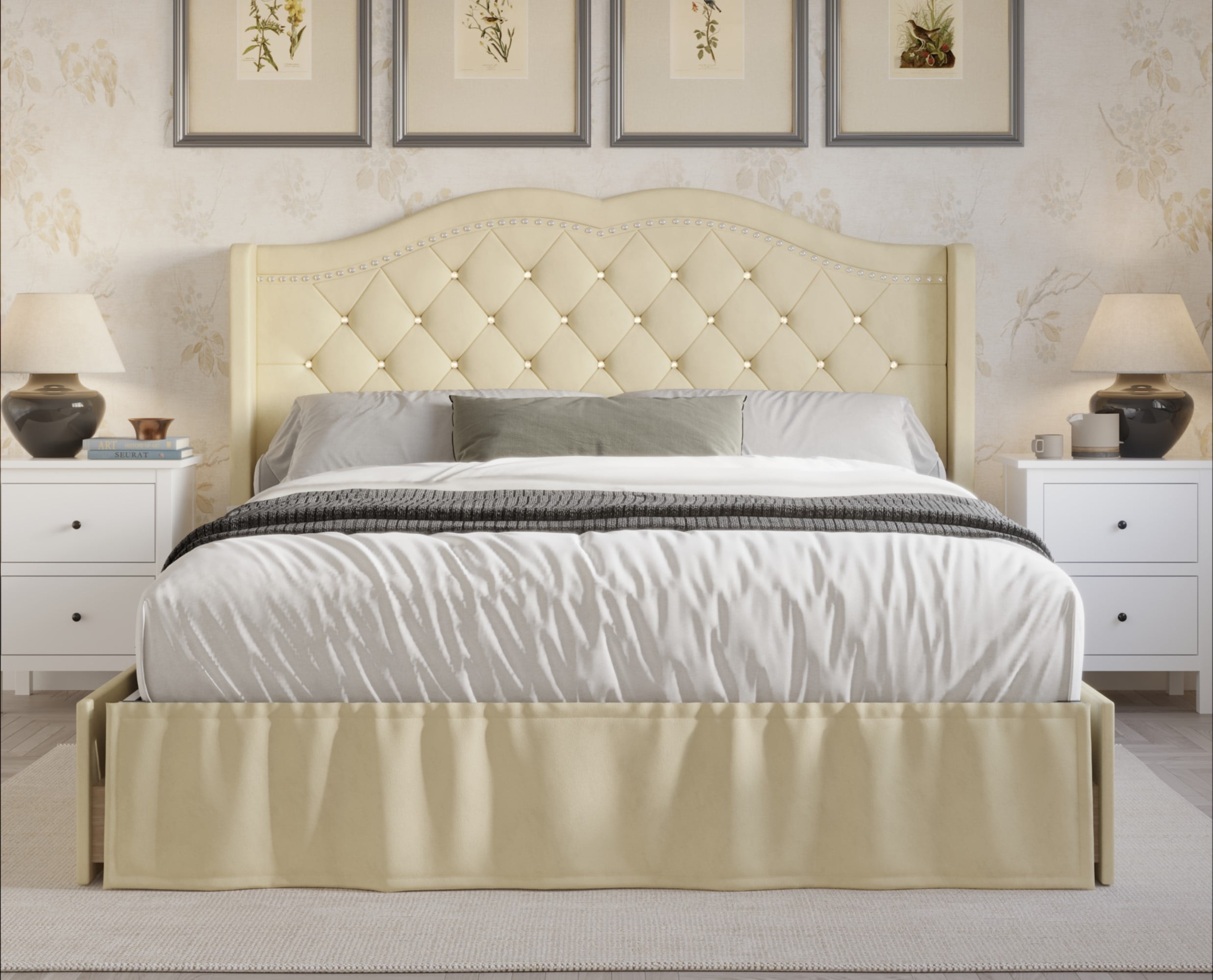 HMD Martha King Tufted Upholstered Storage Panel Bed Box A, Beige ...