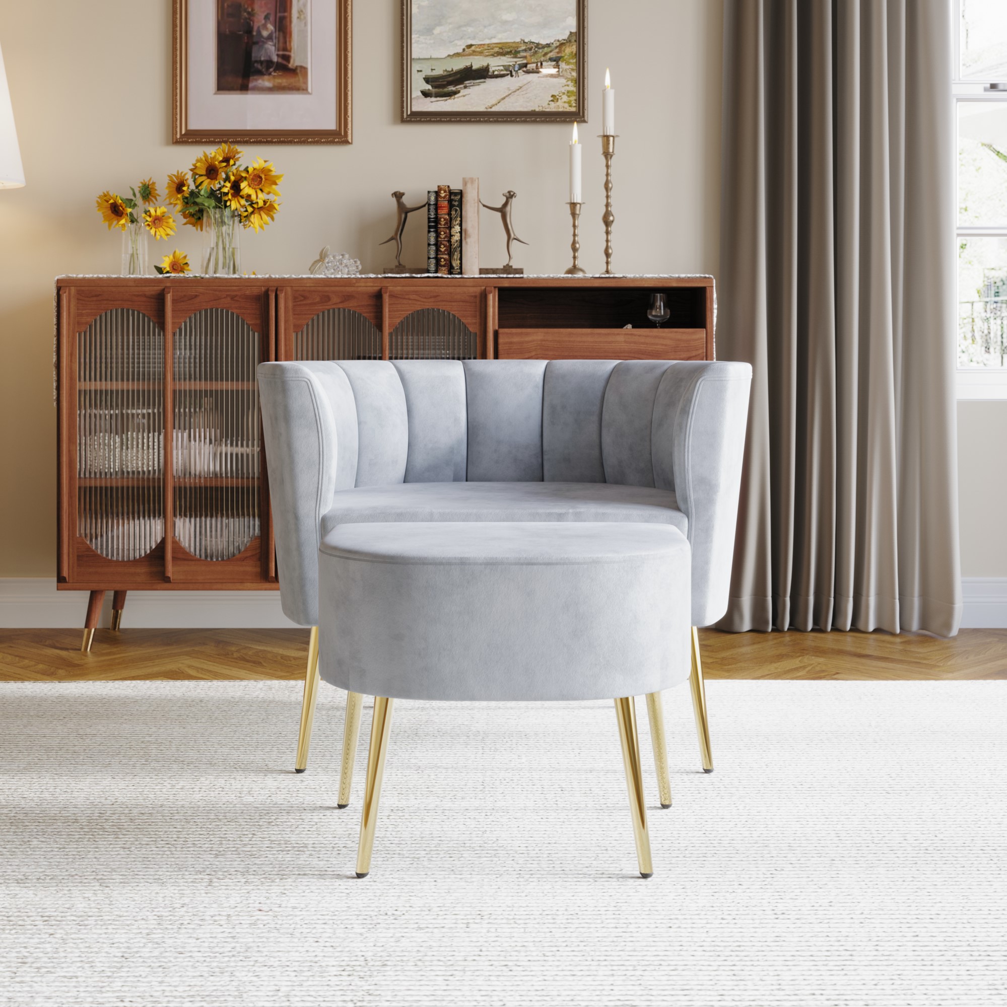 Home Design Moveis Velvet Flared Arm Chair with Stool, Silver Gray ...