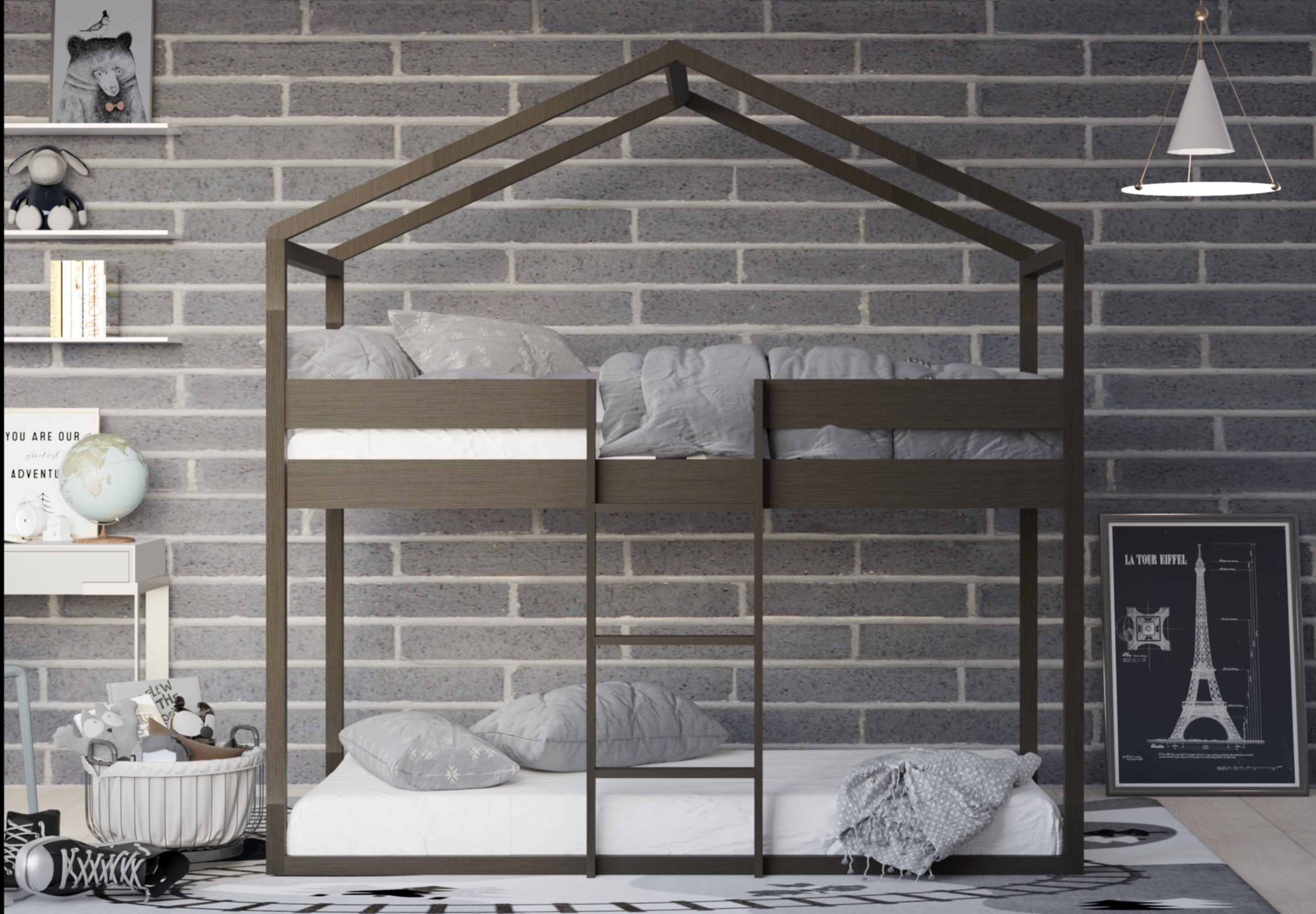 HMD Pasco Twin Over Twin Solid Wood House Loft Bed Frame Box A, Taupe ...