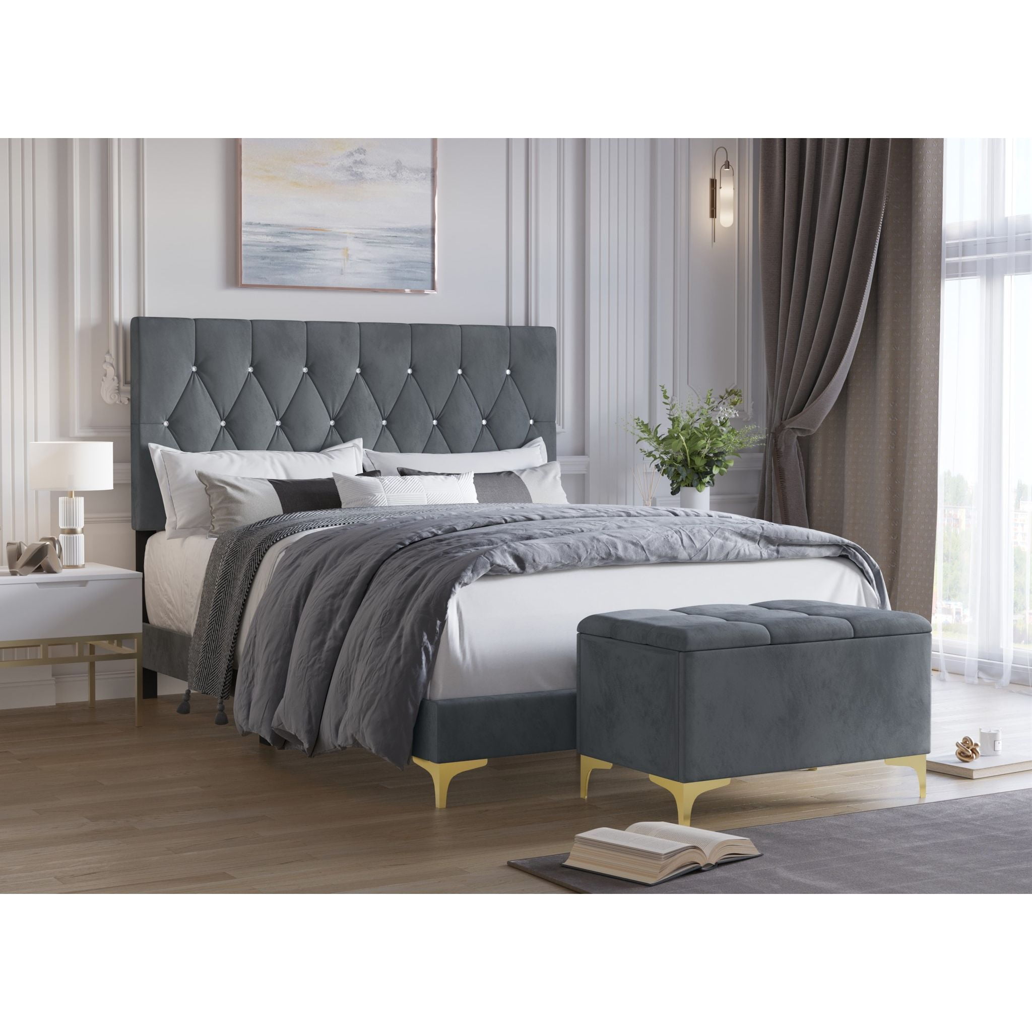 HMD Pierre Twin Velvet Upholstered Panel Bed with Diamond Tufting and ...