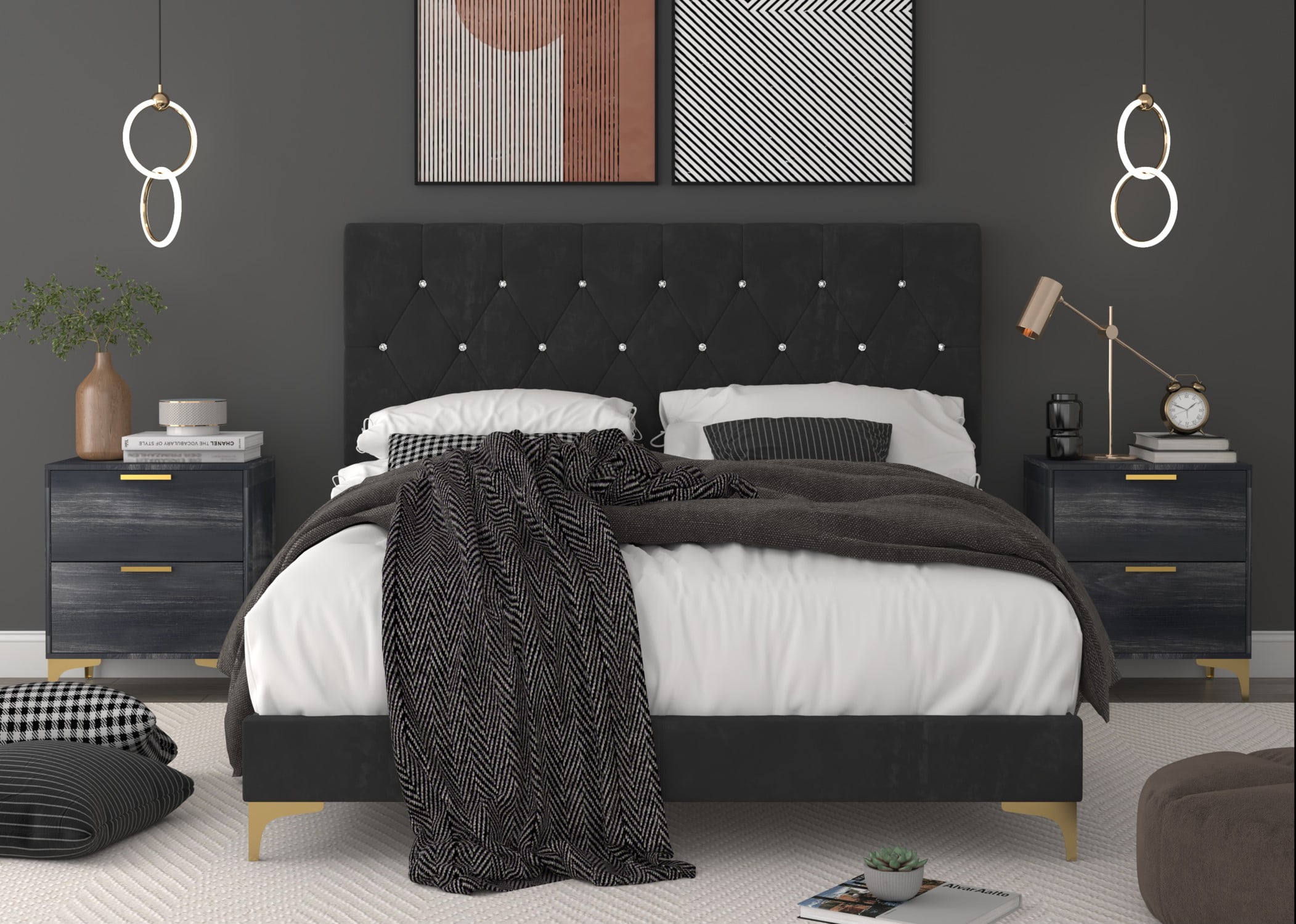 Home Design Sana Full Upholstered Panel Bed Frame with 2 Nightstands ...