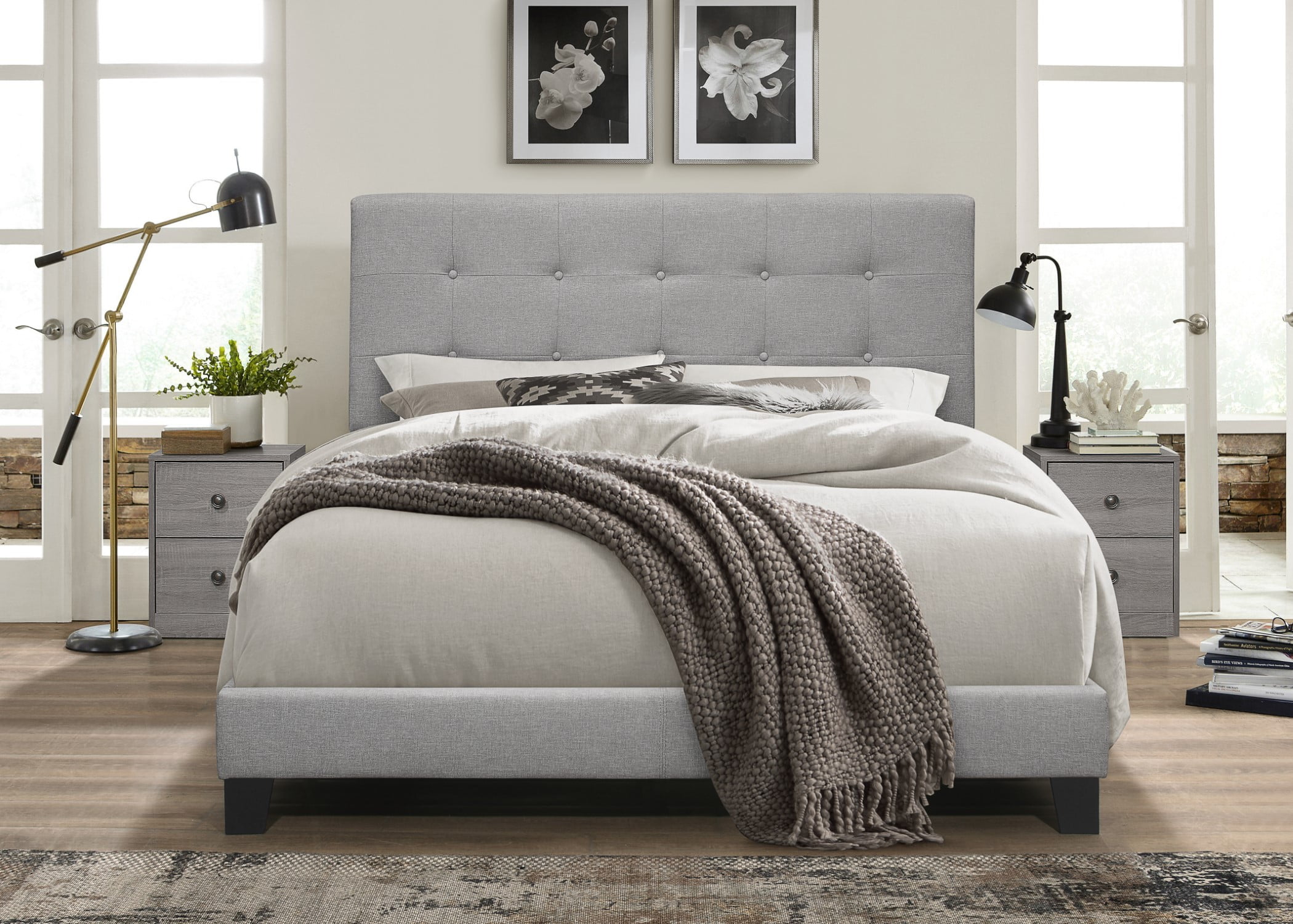Home Design Sara Full Upholstered Panel Bed Frame with 2 Nightstands ...