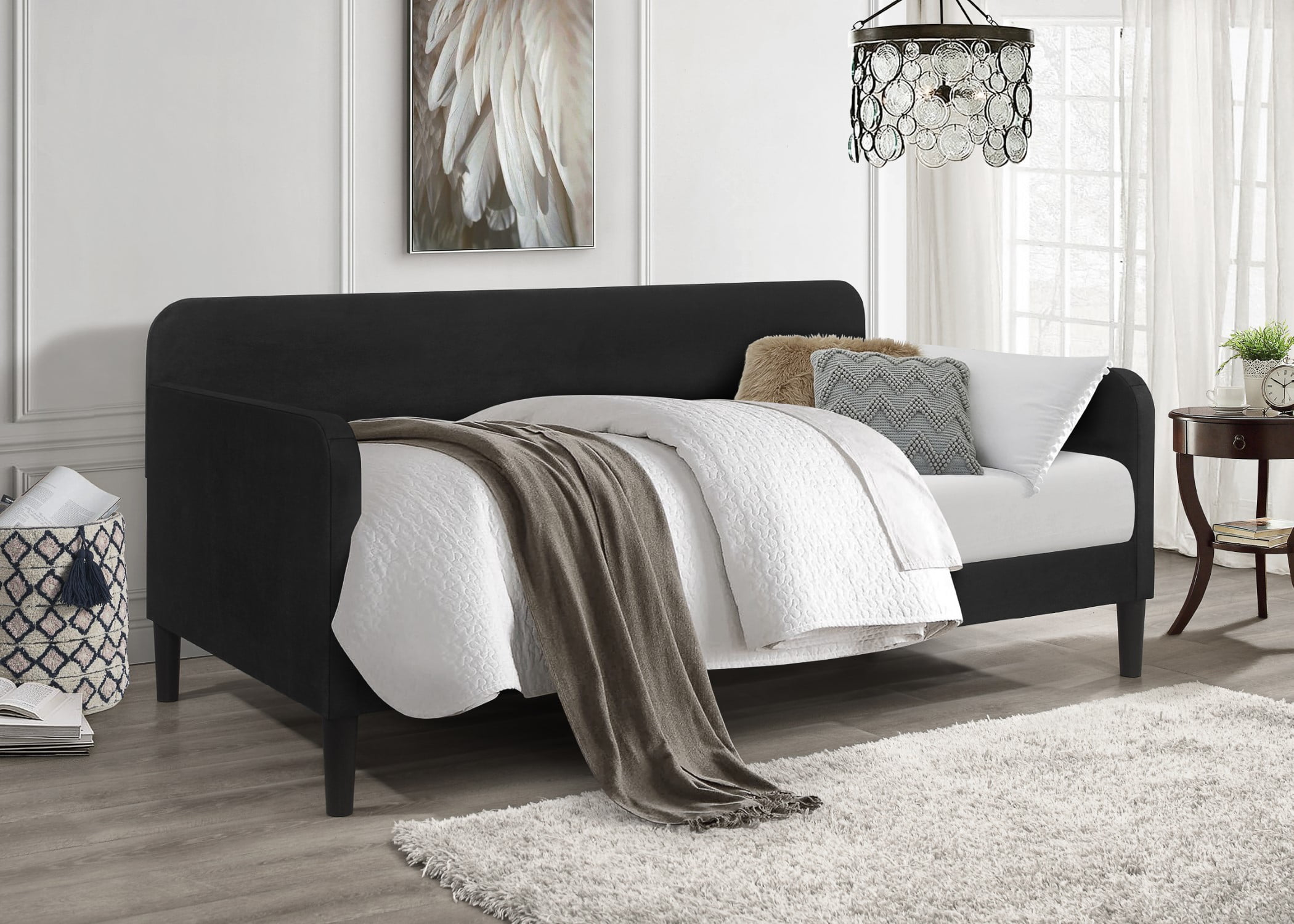 HMD Savannah Velvet Upholstered Daybed, Black with Wooden Tapered Legs ...