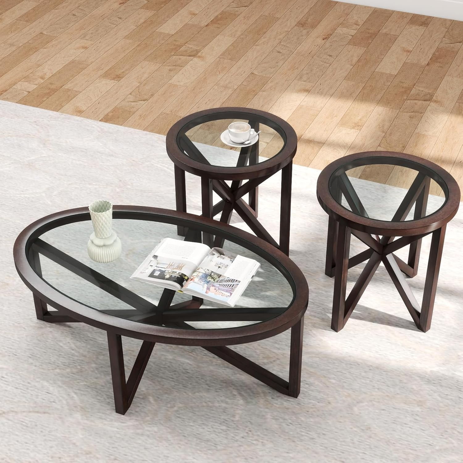 HMFULE 3-Piece Round Coffee Table Set, 1 Coffee Table & 2 End Tables ...