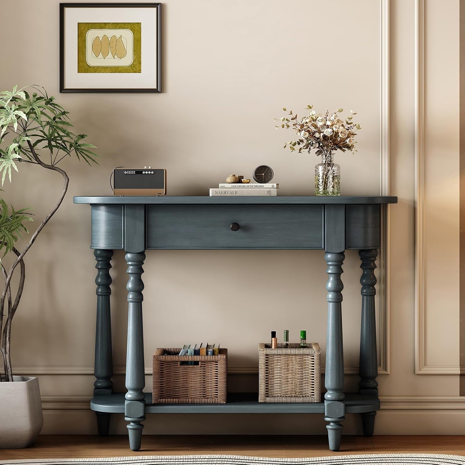 HMFULE Retro Curved Console Table, 36" Solid Wood Half Moon Console ...