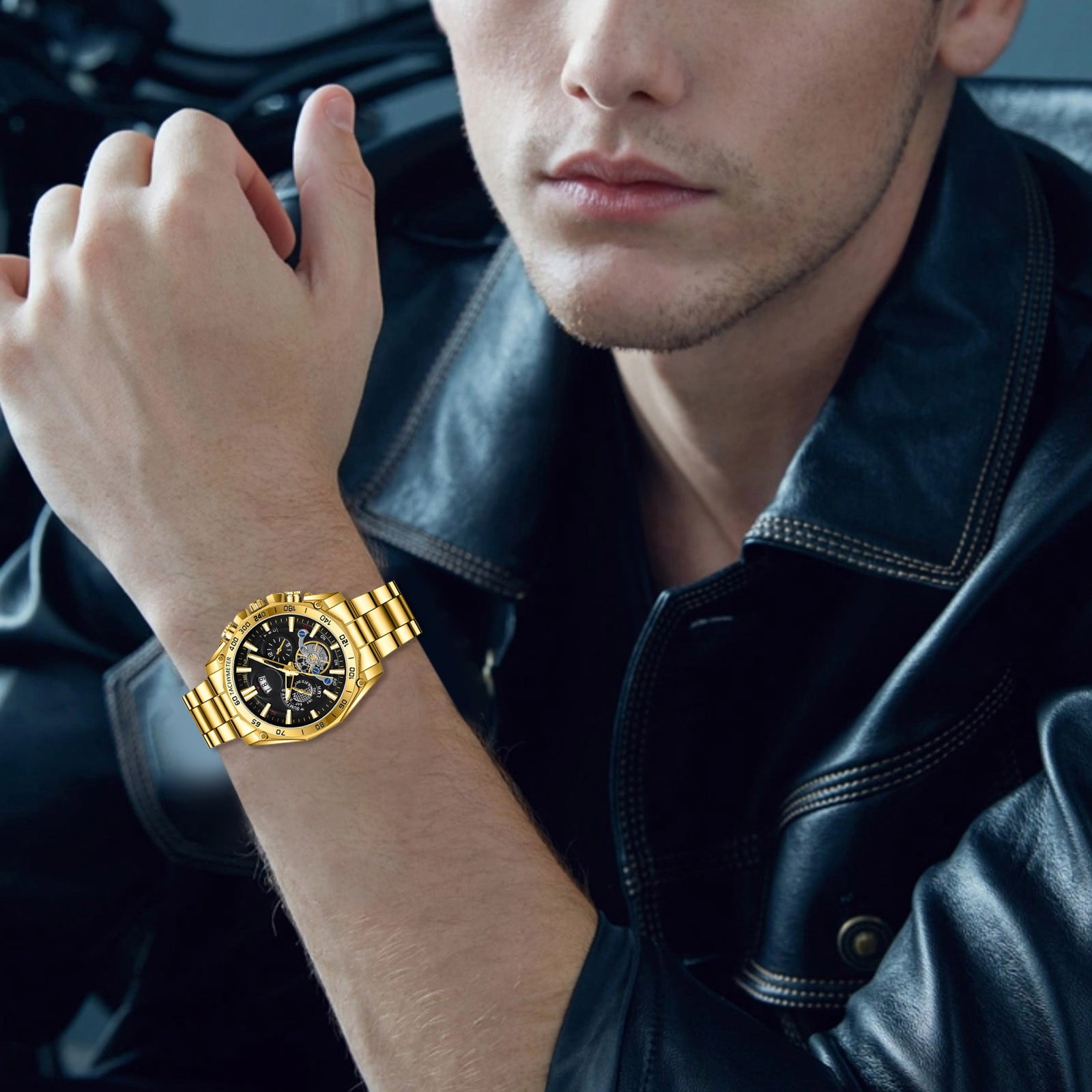 HMPEAIIY Glow In The Dark Men's Business Tourbillon Watch Steel Band ...