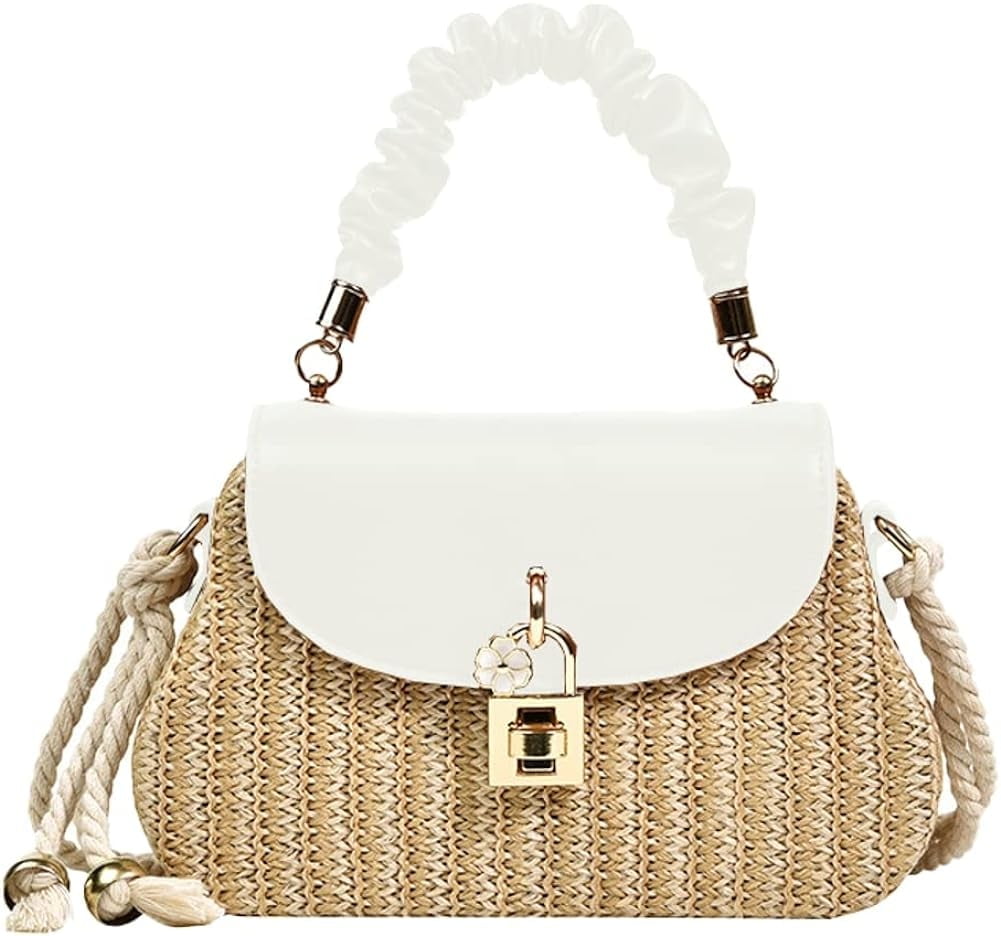 HMSHA Women Straw Crossbody Bag Leather Top Handle Straw Handbag Summer ...