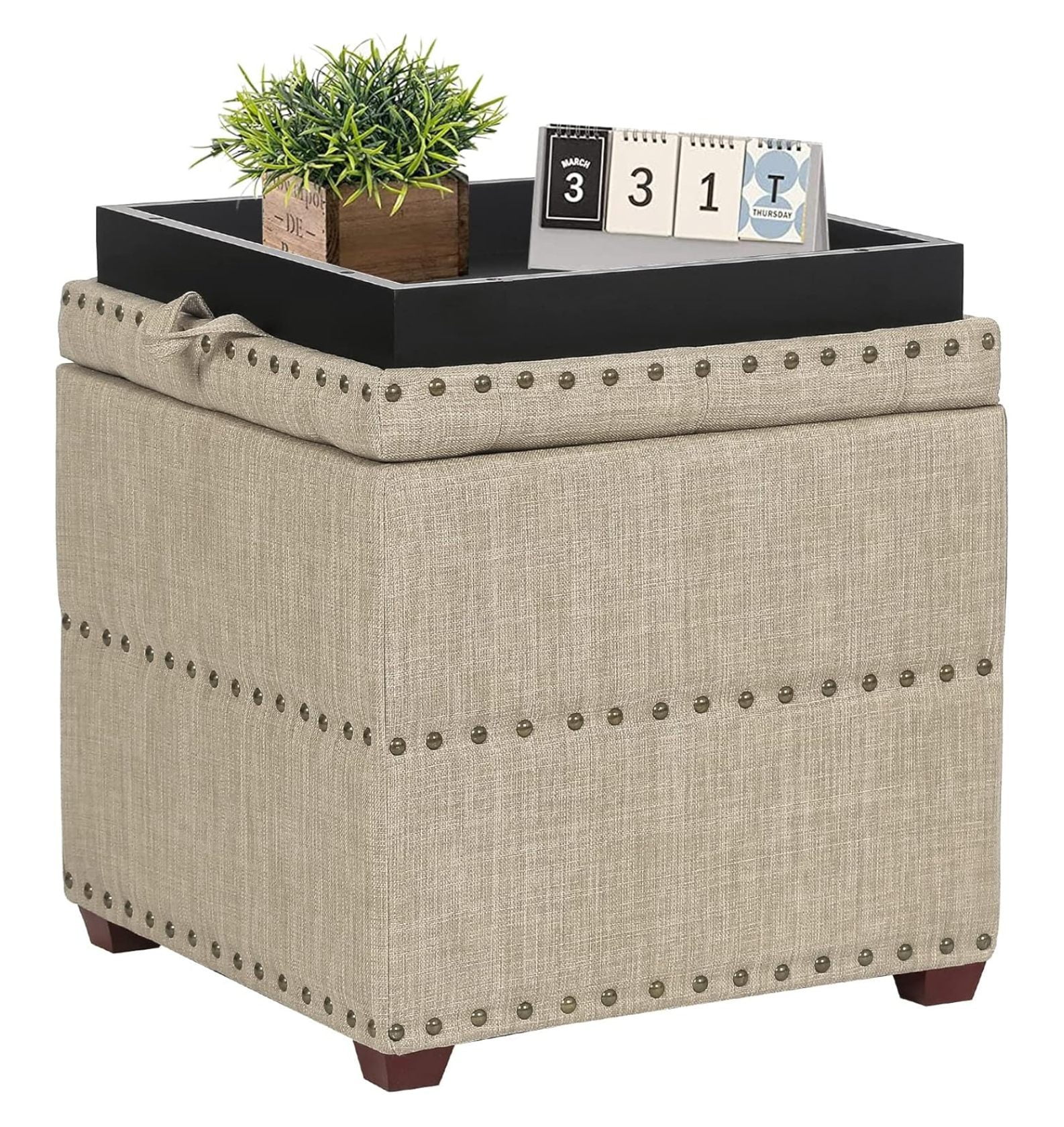 HMTtie 18 Inch High Cube Ottoman Storage, Linen Beige Chair Foot Stools ...