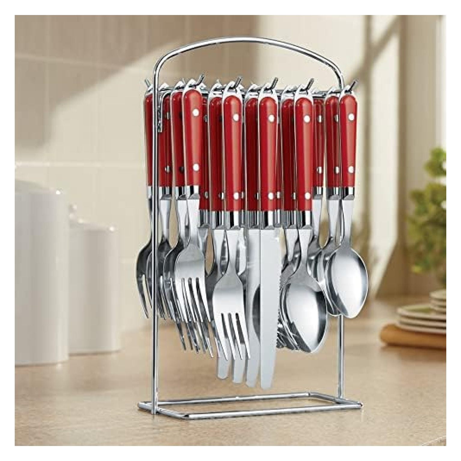 HMTtie 20-Piece Hanging Flatware Set with Rack, Red - Stainless Steel ...
