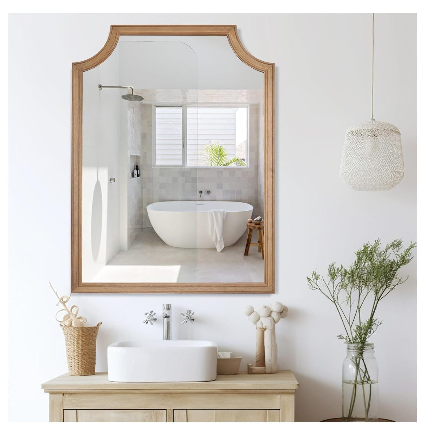 HMTtie 30" x 40" Scalloped Corners Arch Rectangle Wall Mirror with Wood ...