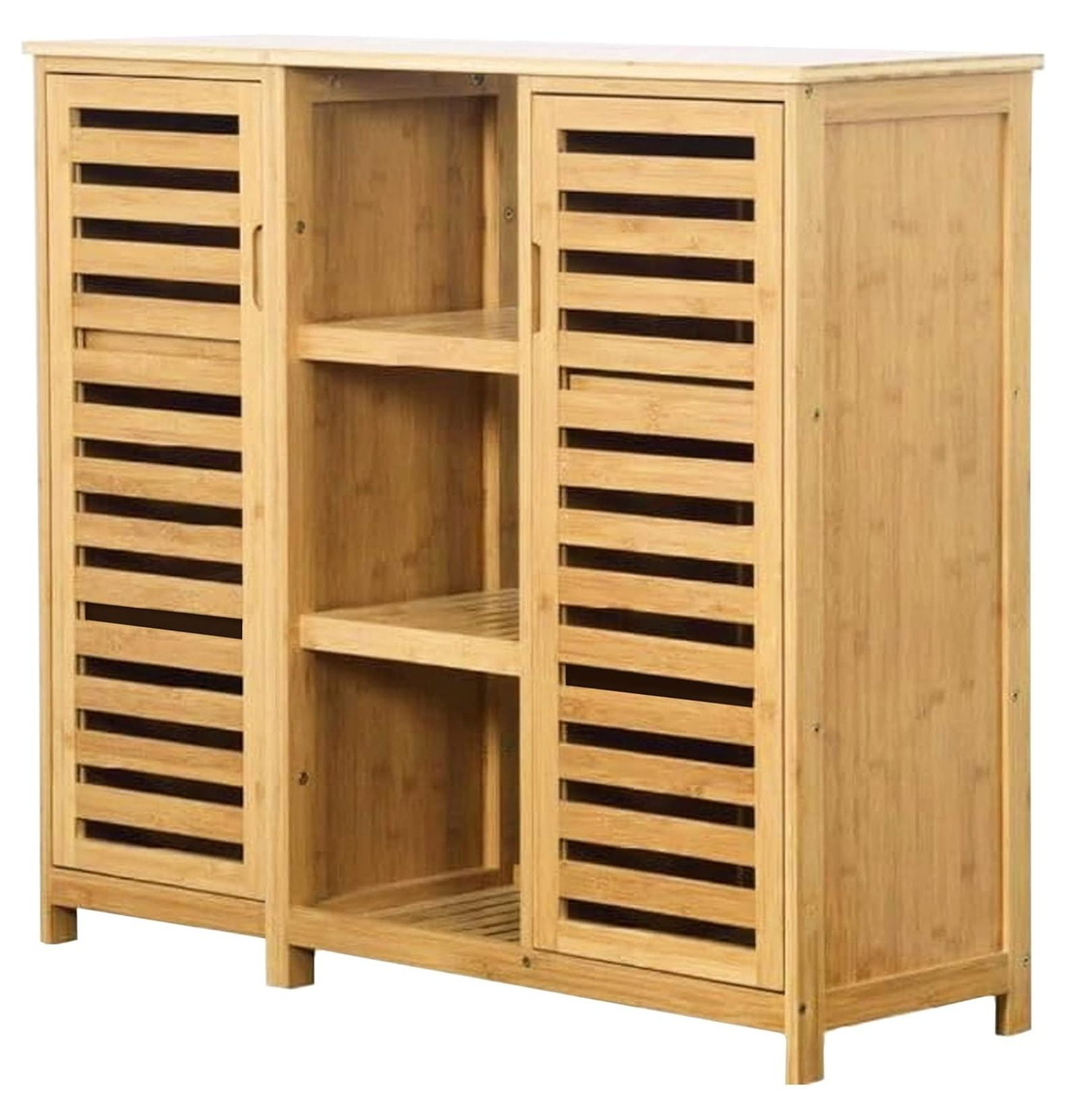 HMTtie Bamboo Storage Cabinet with 2 Doors and Shelves, 3-Tier Open ...