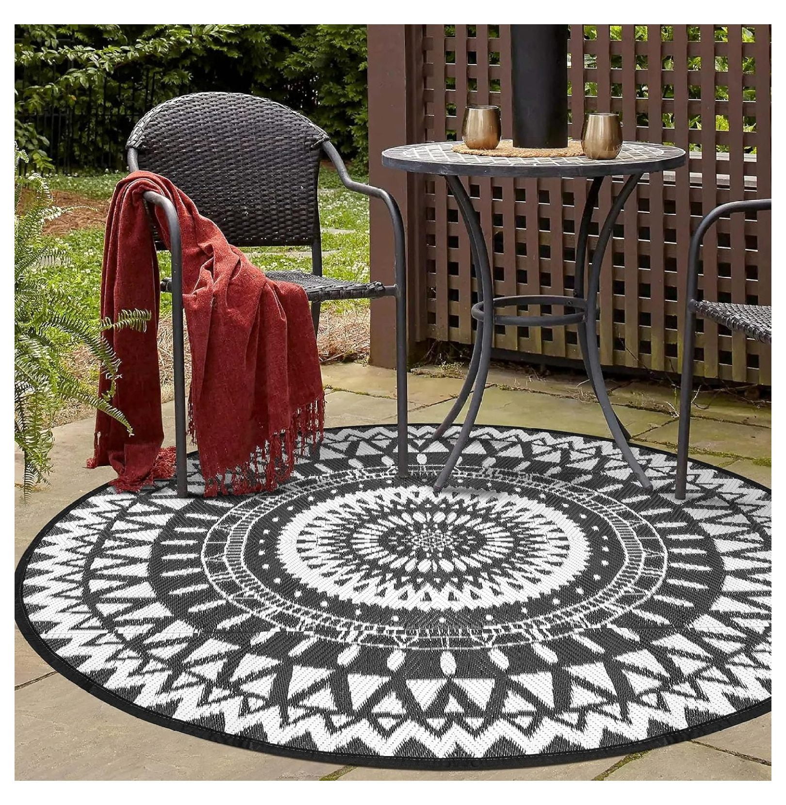 HMTtie Round Outdoor Rug for Patios Plaid Reversible Patio Rug, Plastic ...