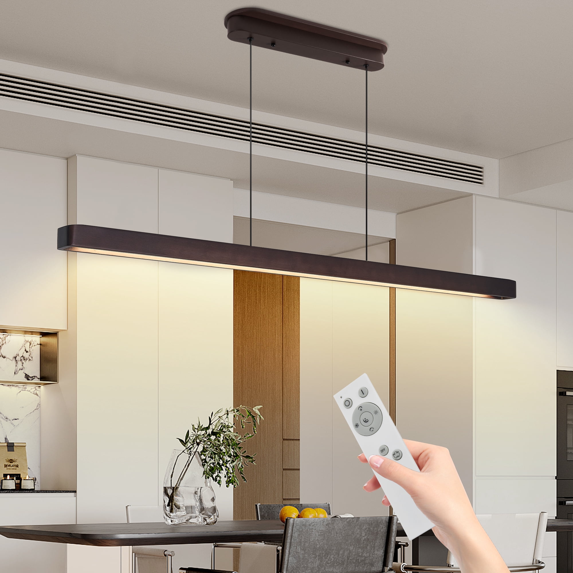 HMYG 51-Inch Walnut Wood Modern LED Pendant Light, Adjustable Hanging ...