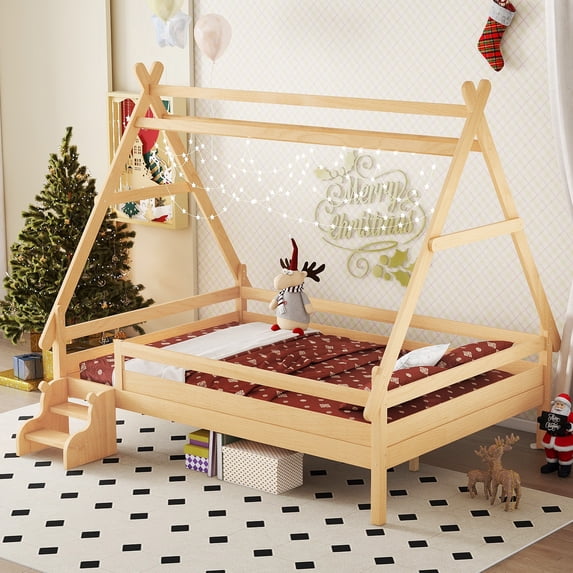 HMYG Full House Platform Bed with Stairs,Solid Wood Twin Bed Frame,Low ...