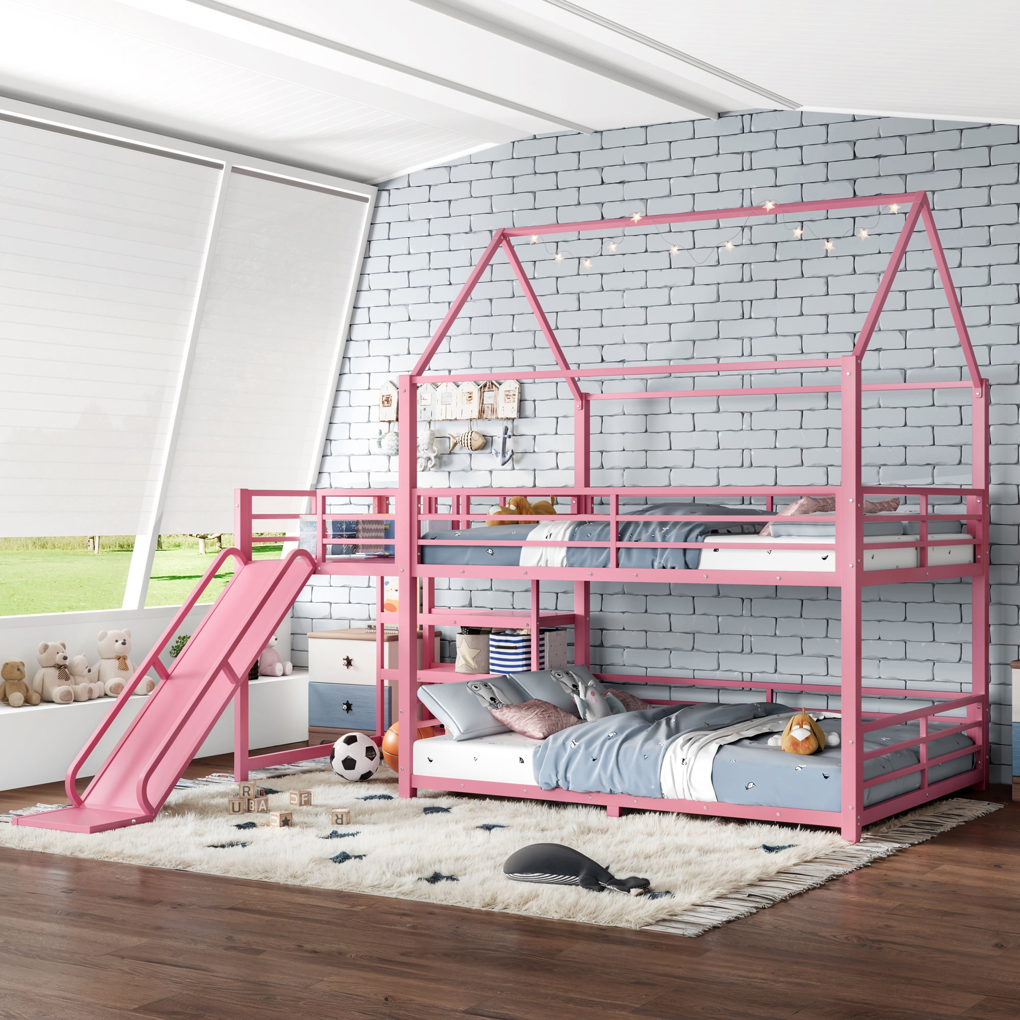 HMYG Full Metal House Bunk Bed with Storage Stairs,Slide,Safety Rails ...