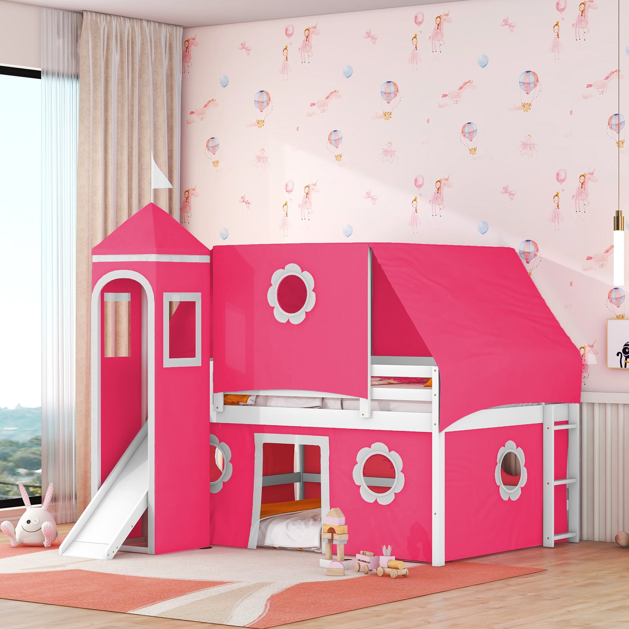 HMYG Full Size Loft Bed with Slide Pink Tent and Tower-Pink - Walmart.com