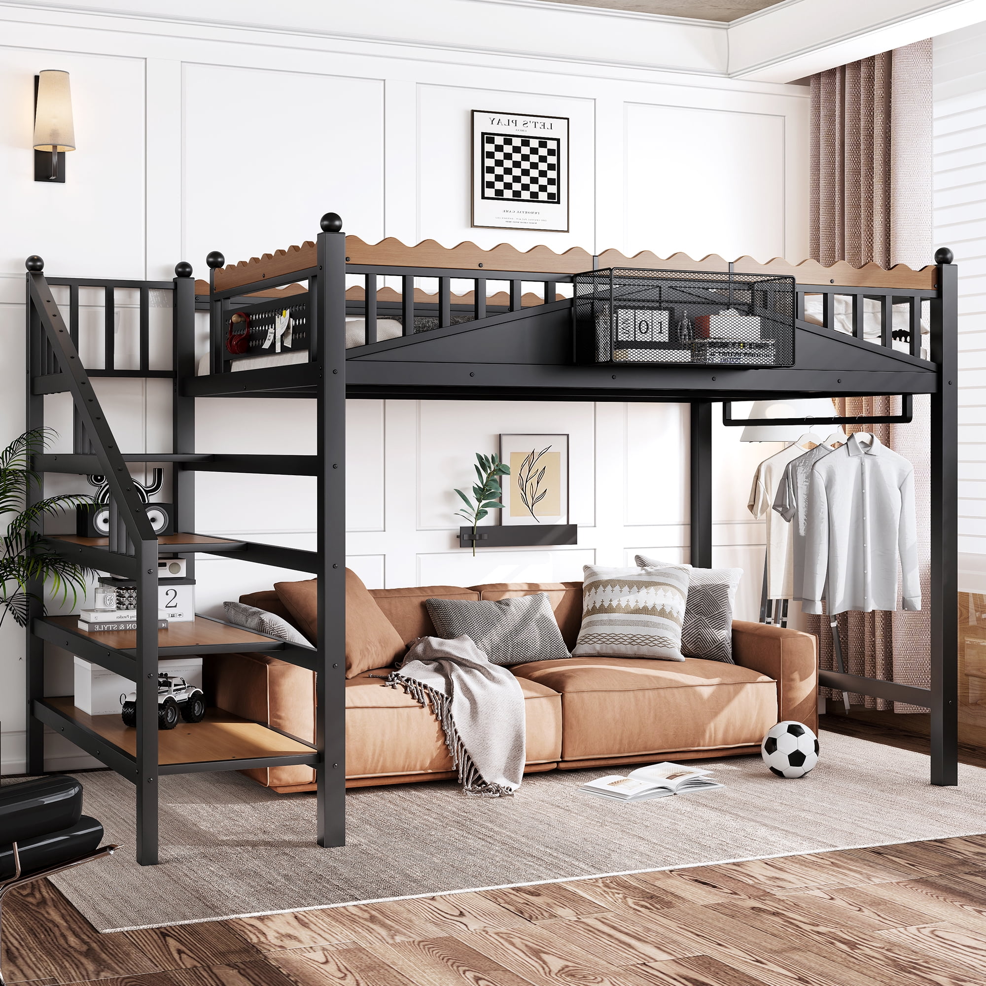 HMYG Full Size Loft Bed with Storage Stairs,Metal Loft Beds Frame with ...