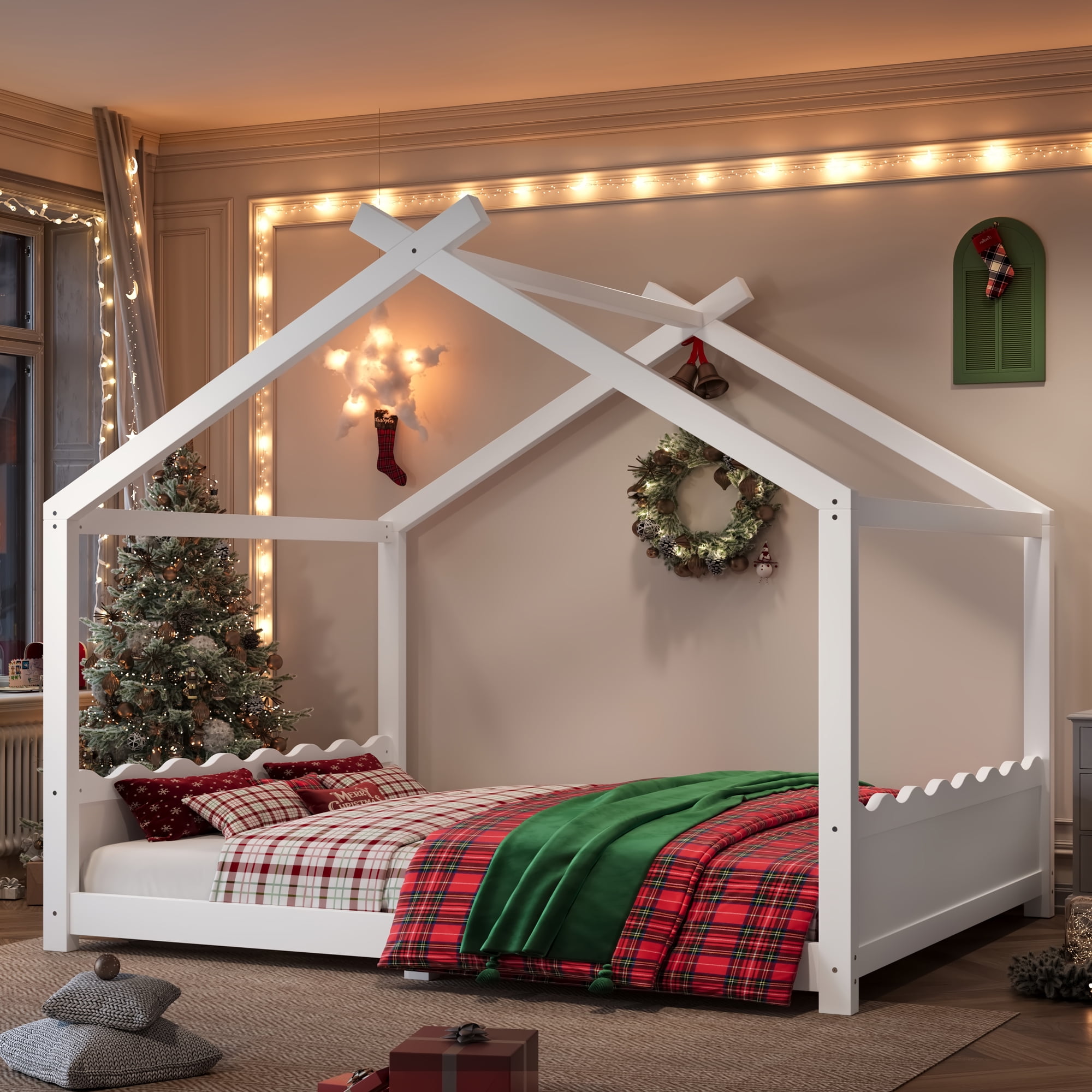 HMYG Queen House Floor Bed with Support Slats,Solid Wood House Bed ...