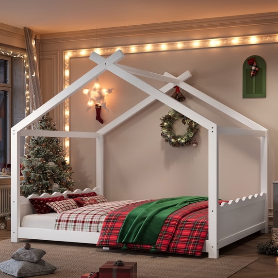 HMYG Queen House Floor Bed with Support Slats,Solid Wood House Bed ...