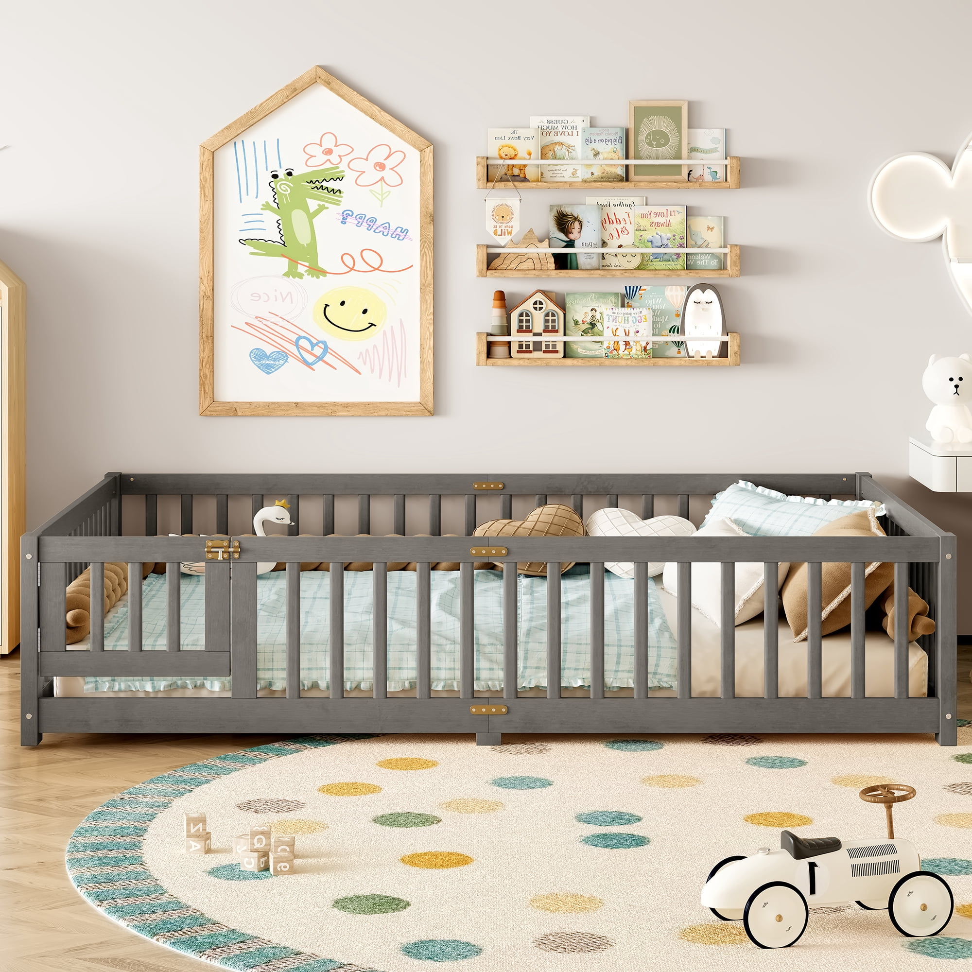 HMYG Queen Size Bed Floor Bed with Safety Guardrails and Door for ,Wood ...