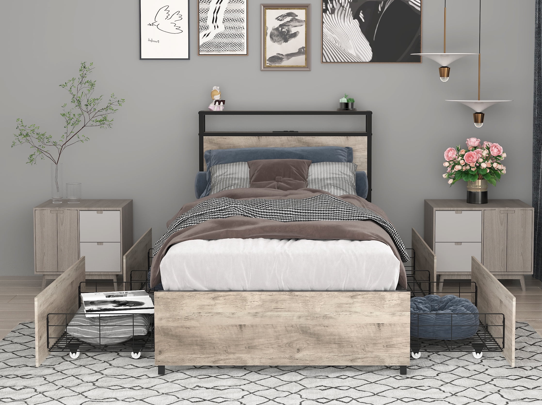 HMYG Twin Bed Frame,Storage Headboard with Charging Station,Solid and ...