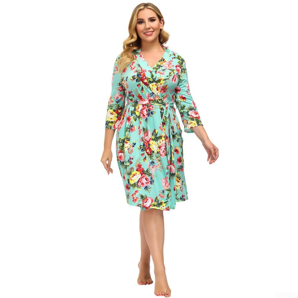 HN Women Plus Size Surplice V-Neck Sleep Robe Floral-Print Loungewear 3 ...