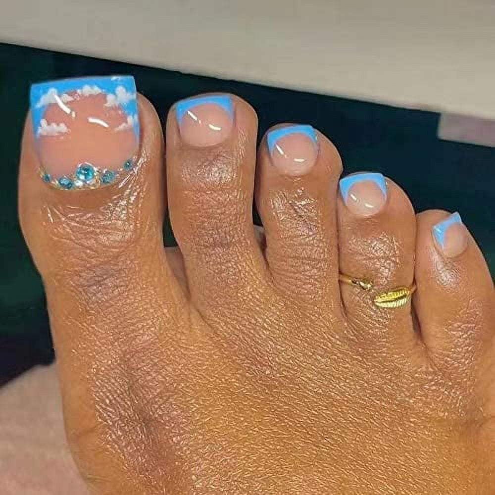 HNAPA Press on Toenails Glossy Fake Toe Nails Blue French Tip Glue on ...