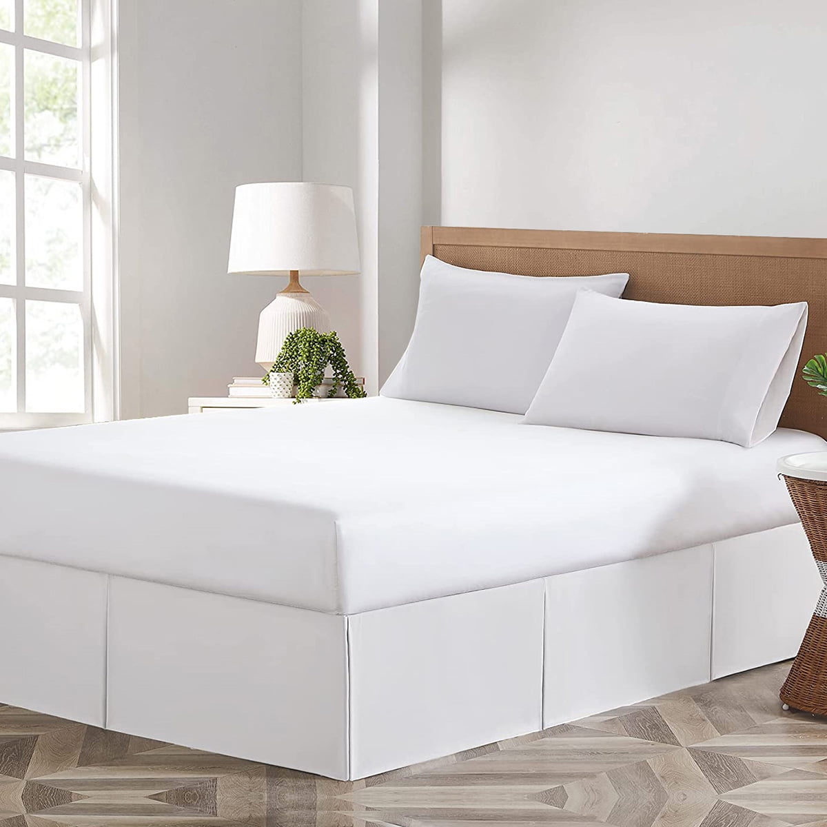 HNB Store Magic Bed Skirt 12"in Drop Pleated Pattern, Microfiber Split Corner (Short-King-White ...