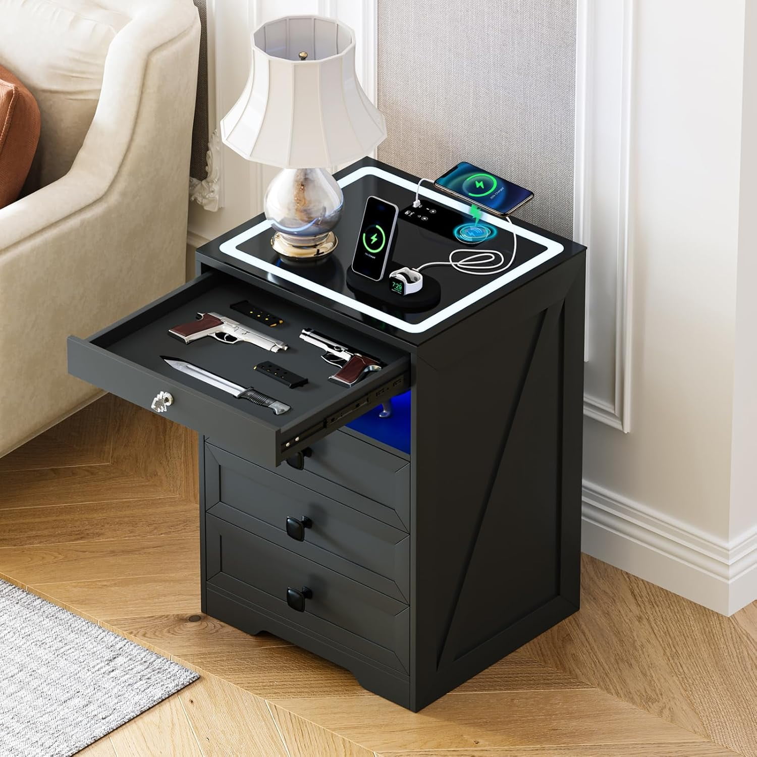 HNEBC 3 Color Dimmable LED End Table with Charging Station,Night Stand ...