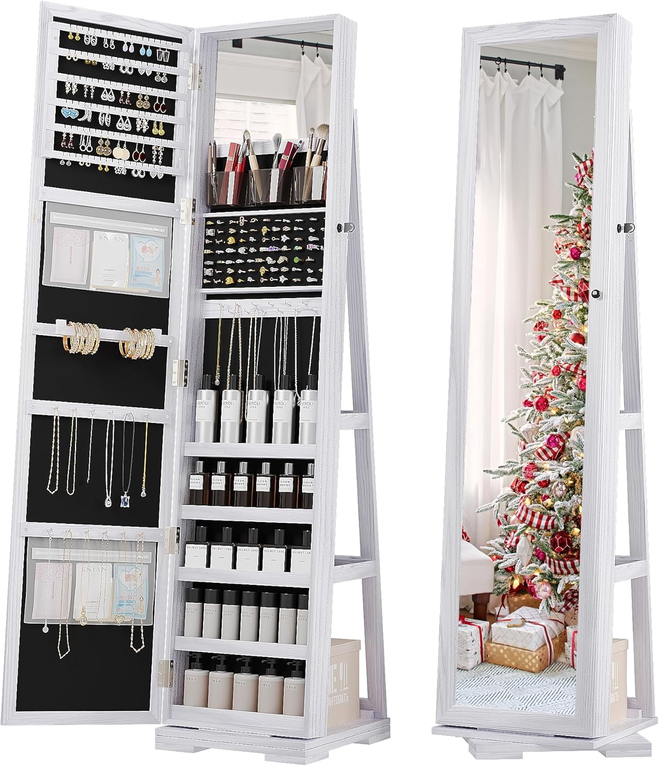 HNEBC 360° Swivel Jewelry Cabinet with Mirror, Lockable Jewelry Armoire ...