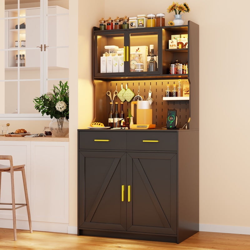 HNEBC 64" Farmhouse Kitchen Pantry with Auto Sensor LED,Storage ...
