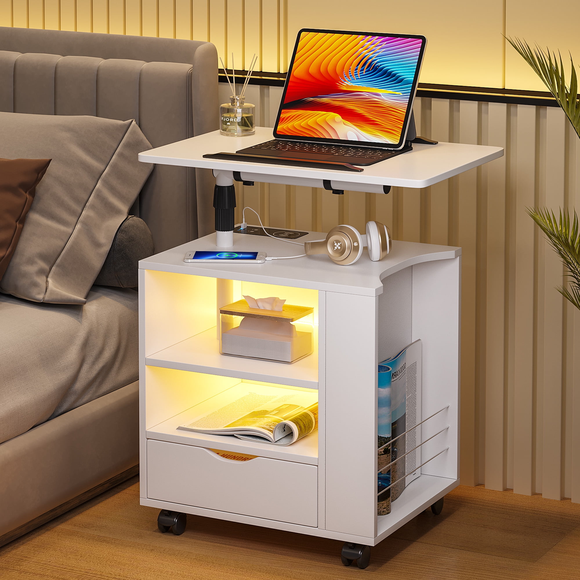 HNEBC Auto LED Nightstand with Charging Station,Modern Night Stand with ...