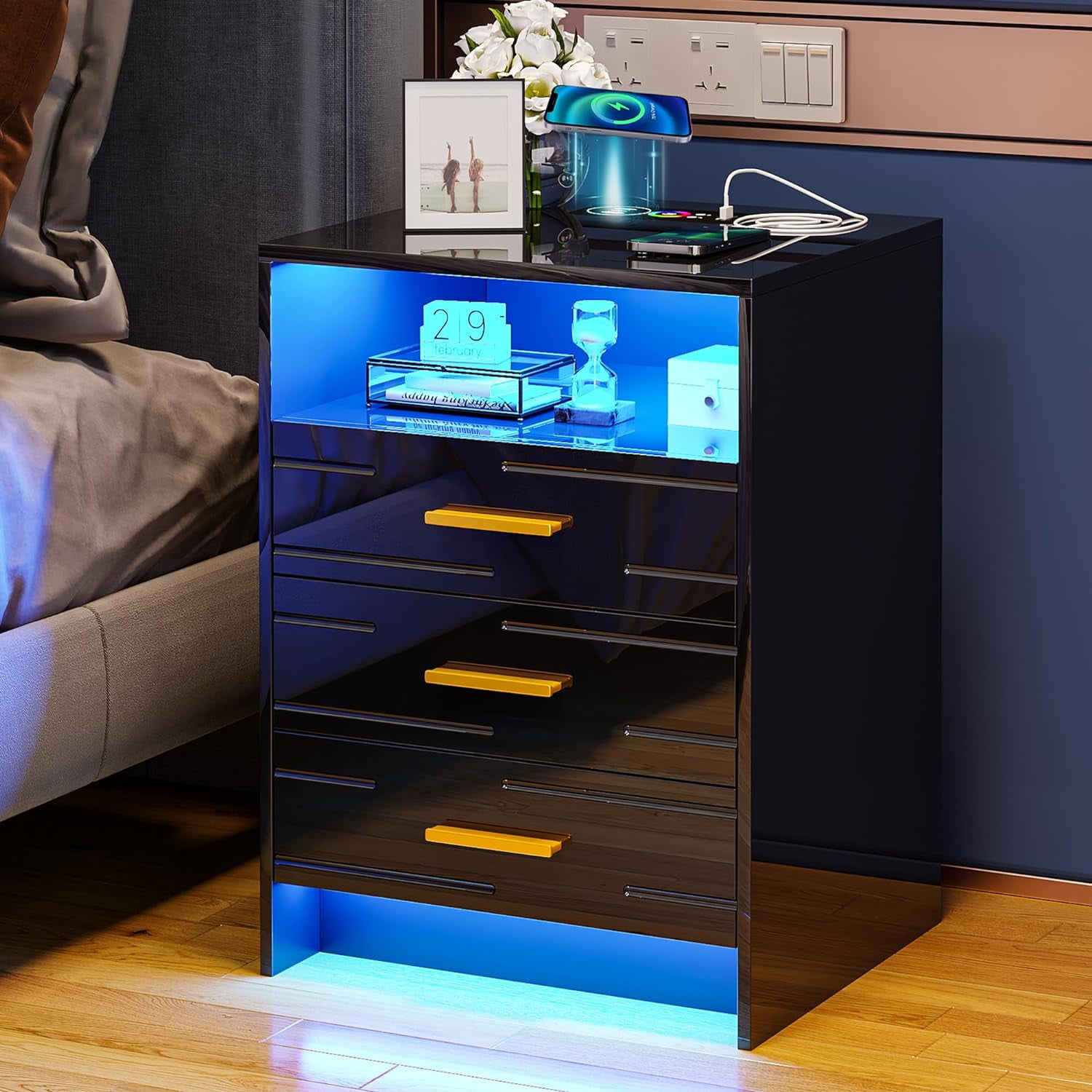 HNEBC Black Nightstand with Wireless Charging Station and Lights, 3 ...