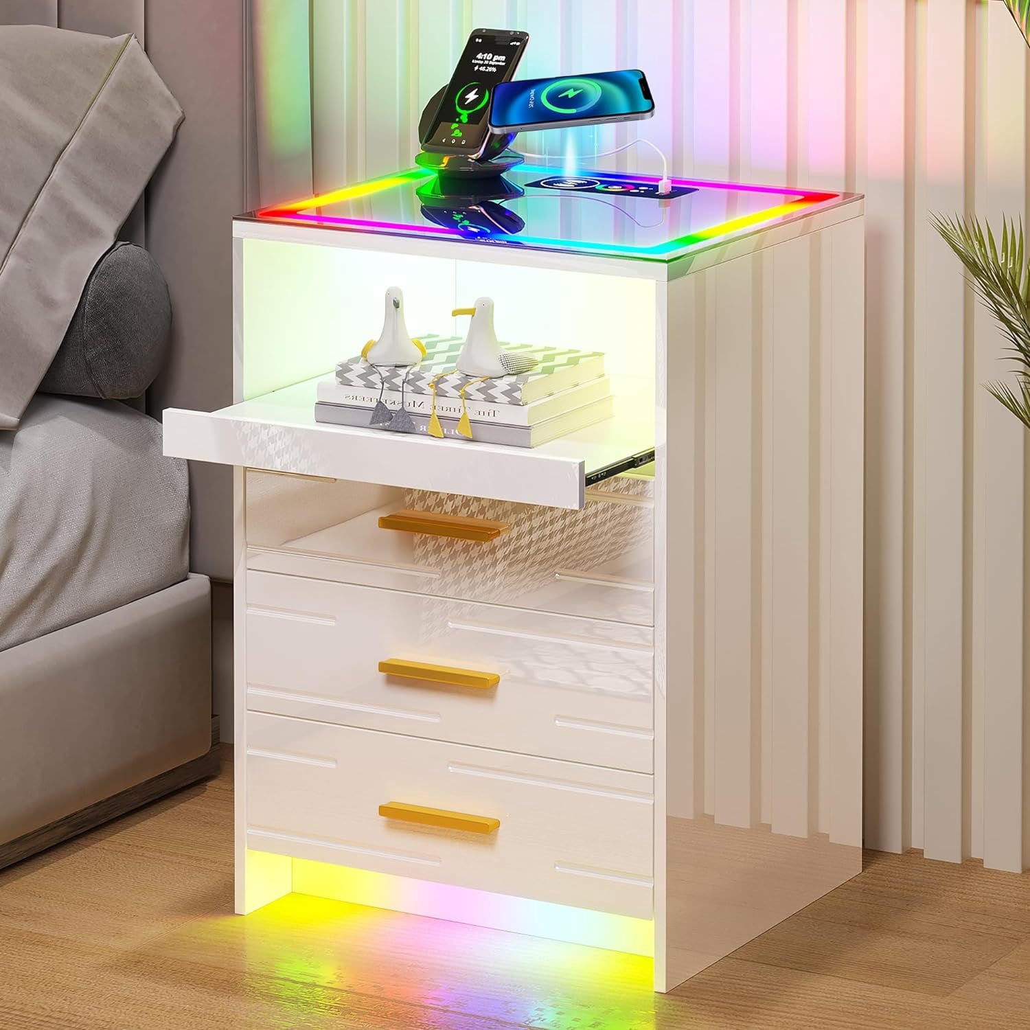 HNEBC LED Nightstand, Night Stand with USB/Wireless Charging Station ...