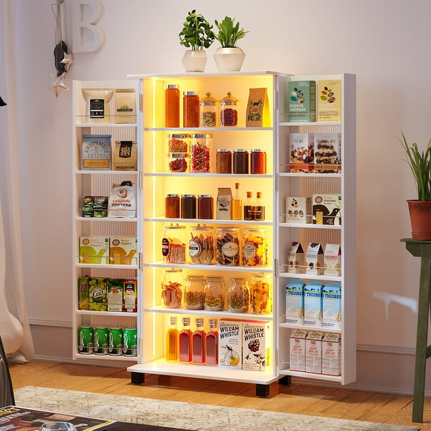 HNEBC Kitchen Pantry Cabinet with LED Lights, Freestanding Pantry ...