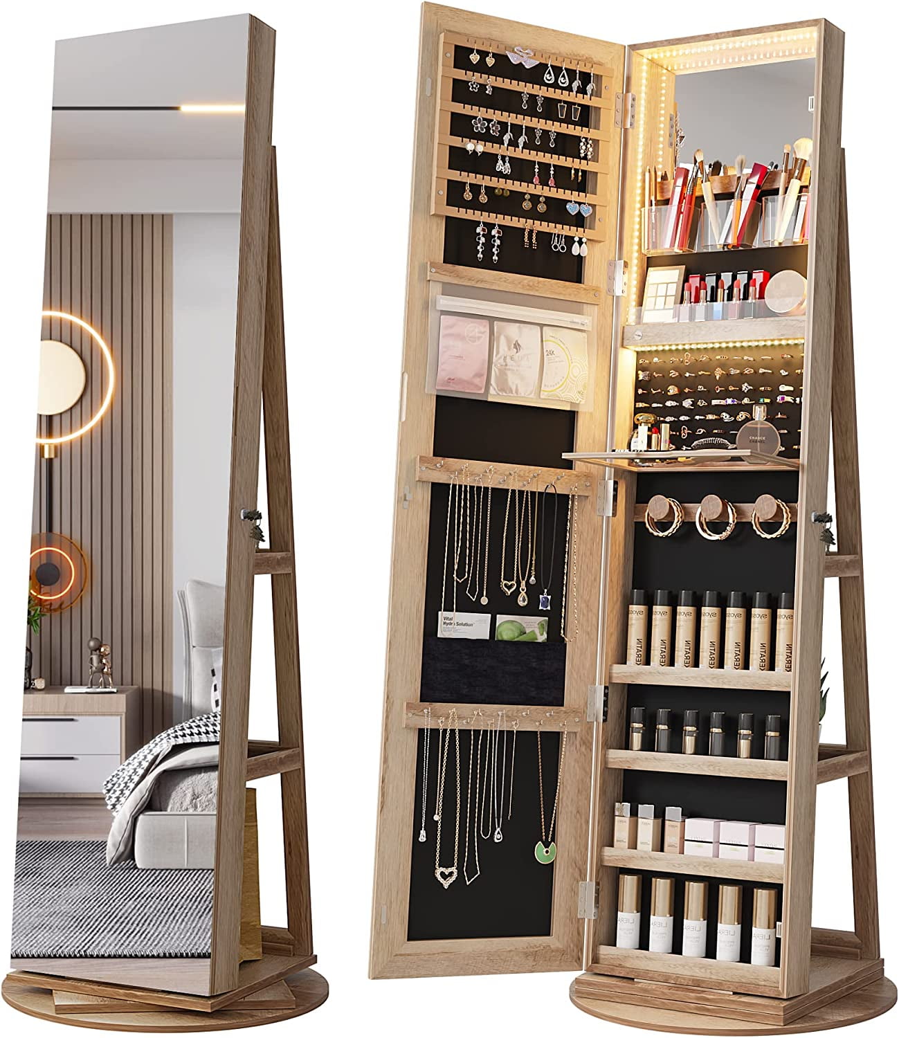 HNEBC LED Light Jewelry Box, 360° Rotating Armoire with Door Mirror ...