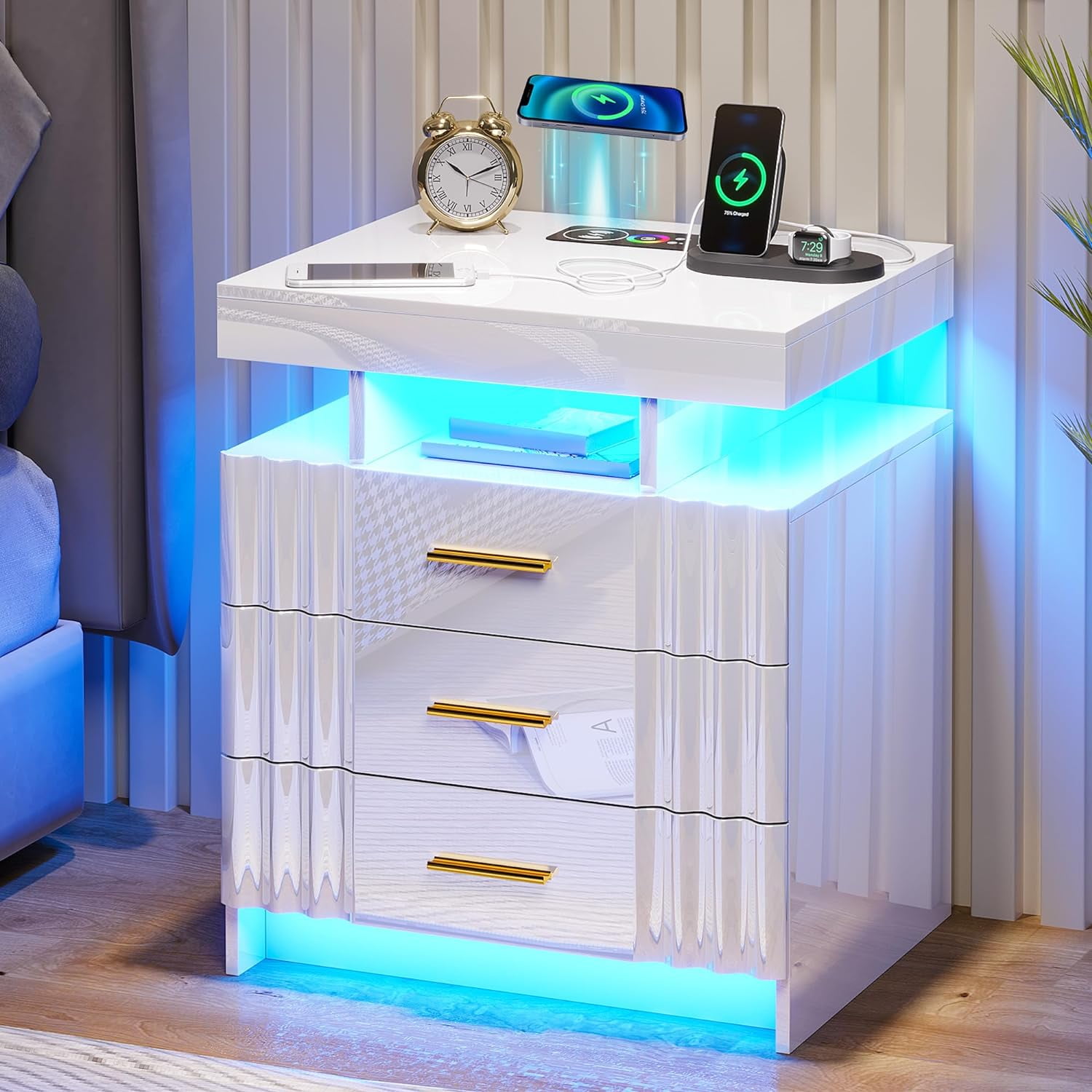 HNEBC LED Night Stand,Nightstand with Charging Station-USB+Type-C ...