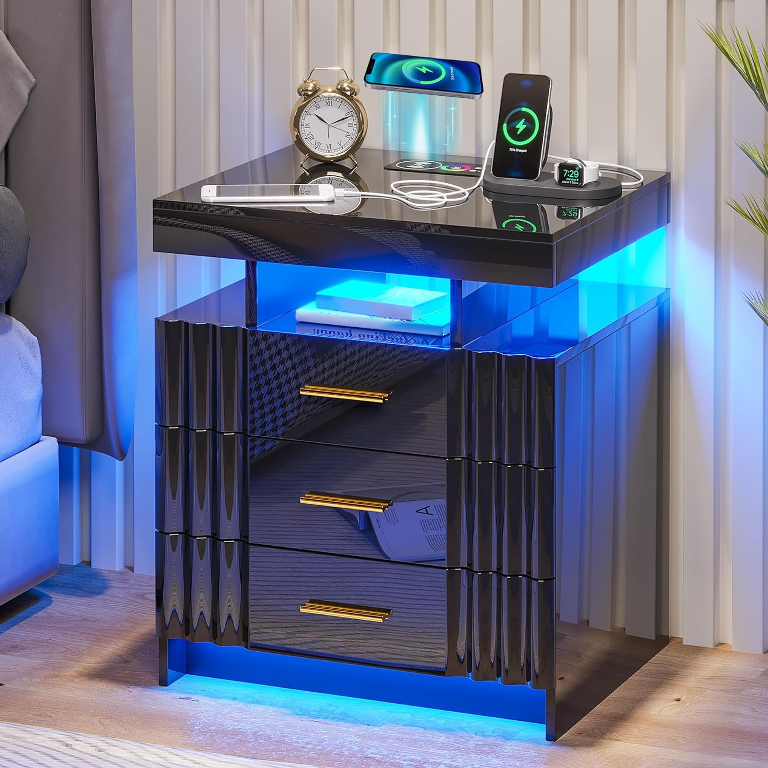 HNEBC LED Nightstand,Black Nightstand with Charging Station-USB+Type-C ...