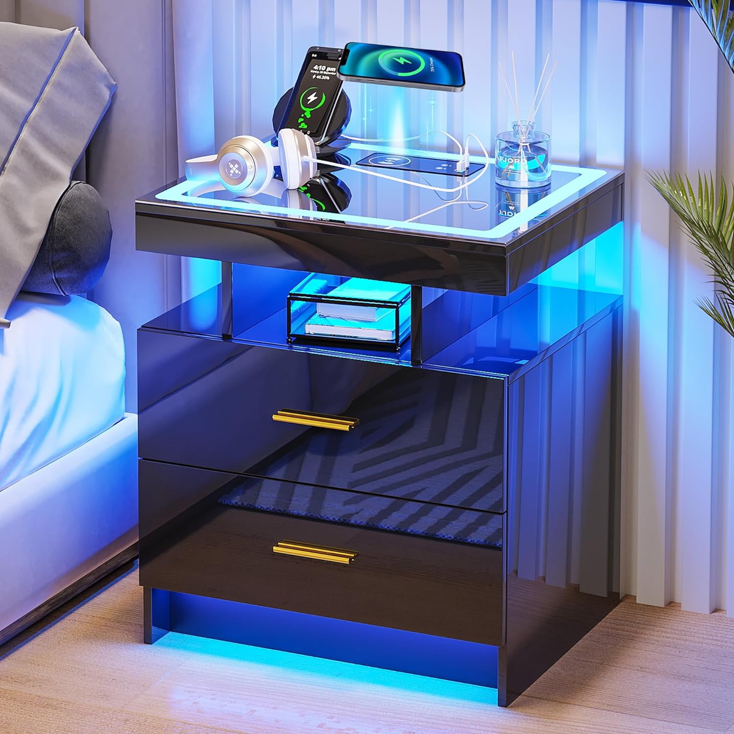 HNEBC LED Nightstand with Charging Station (USB,Type-C Ports) High ...