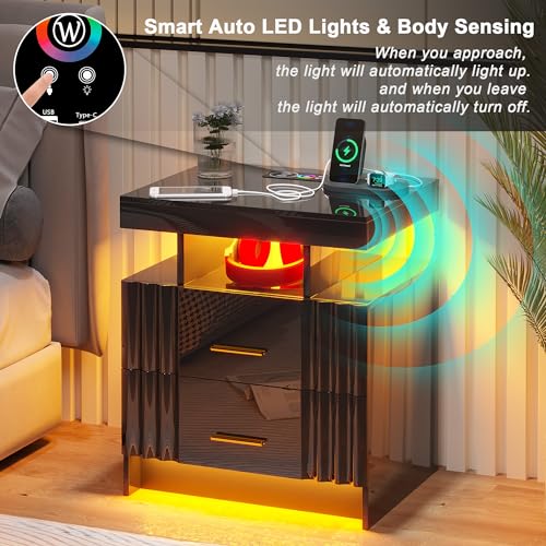 HNEBC LED Nightstand, High Gloss Night Stand with Charging Station ...