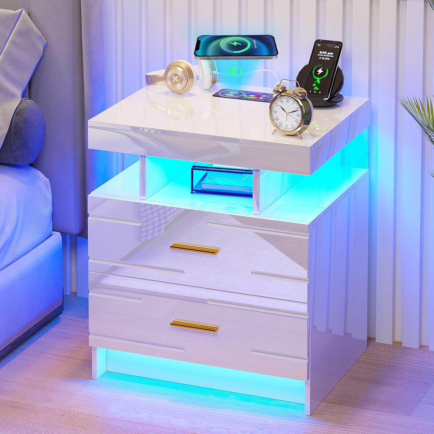 HNEBC LED Nightstand with Motion Sensor Lights, Modern Bedside Table ...
