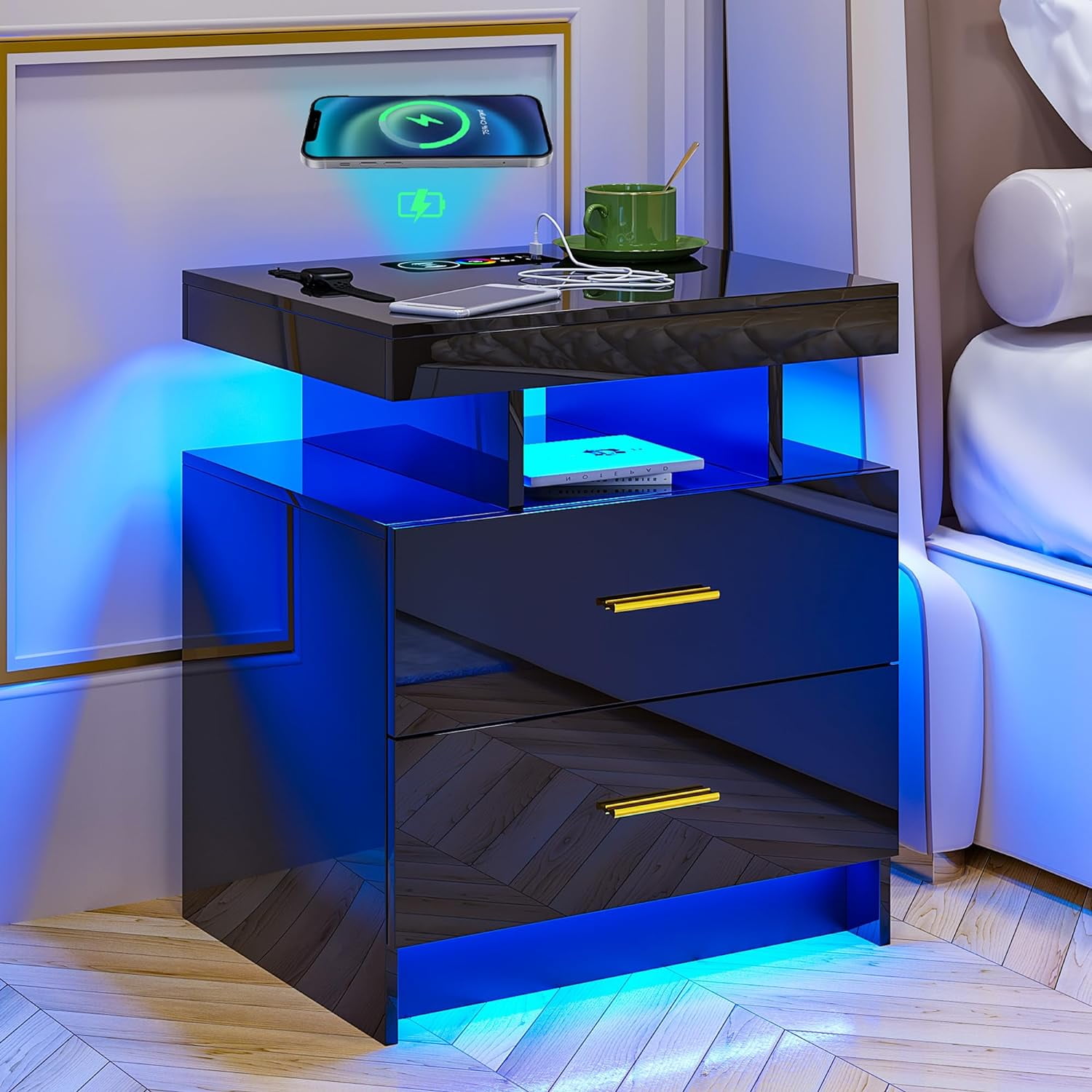 HNEBC LED Nightstand, RGB Black Night Stand with USB/Wireless Charging ...