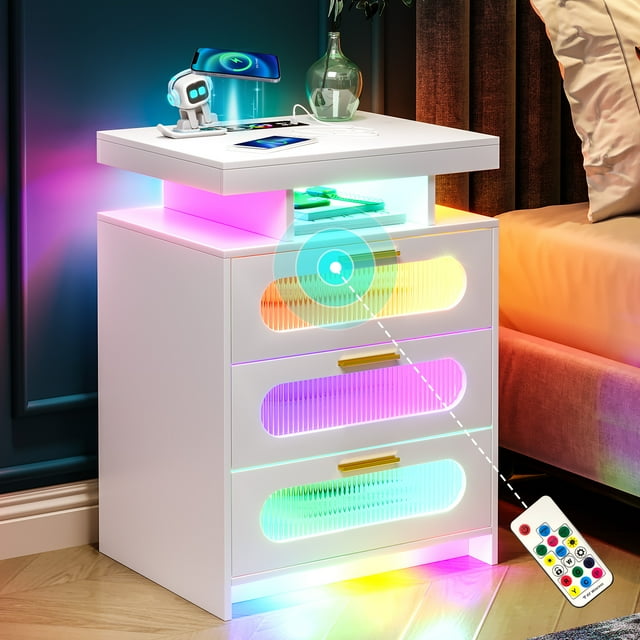HNEBC LED Nightstand, White Night Stand with Charging Station, Modern ...
