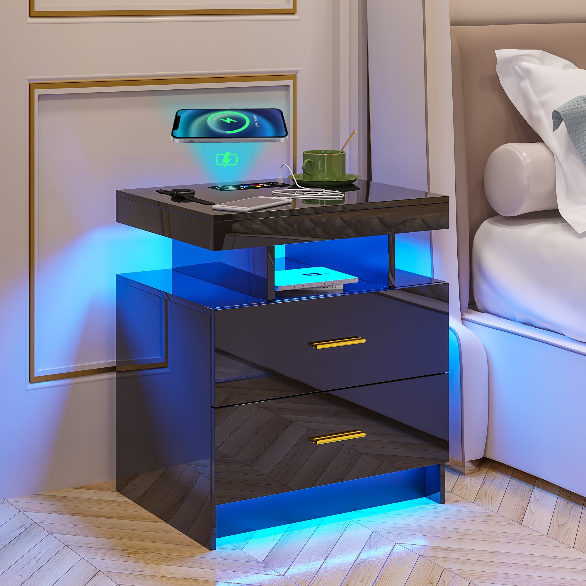 HNEBC Smart Nightstand with Wireless Charger, USB Ports, 2 Drawers, 24 ...