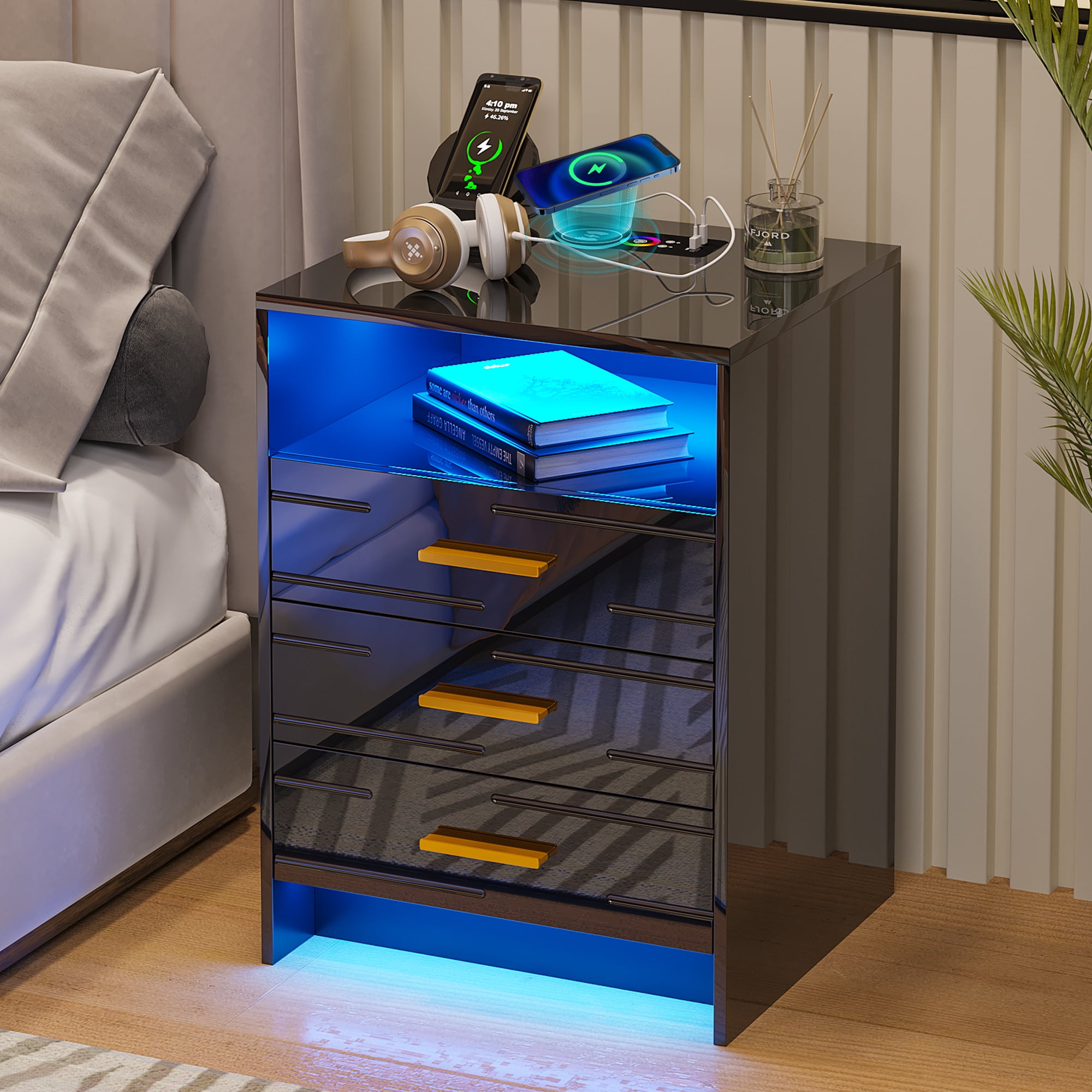 HNEBC LED Nightstand with Charging Station, Glossy White-Black, Drawers ...